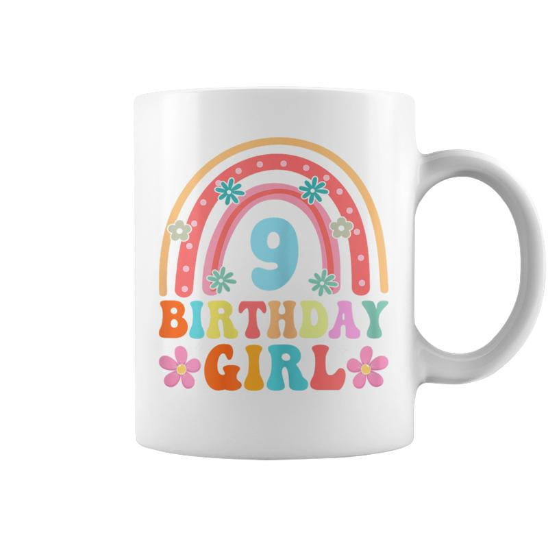 9Th Birthday Girl 9Yr 9 Year Old Rainbow Groovy Bday Coffee Mugs ...