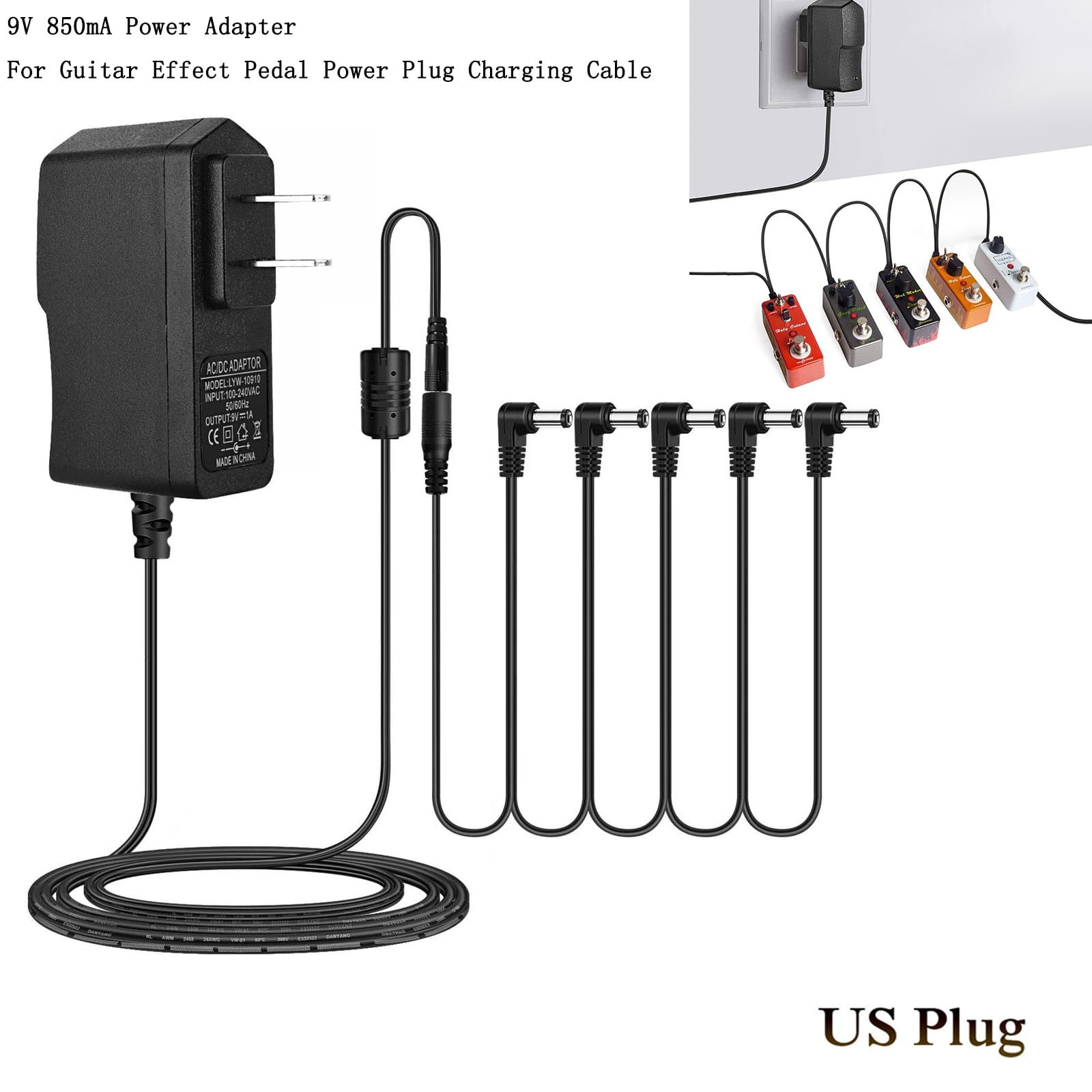 9V 850mA Power Adapter for Guitar Effect Pedal | 5-Way Daisy Chain ...