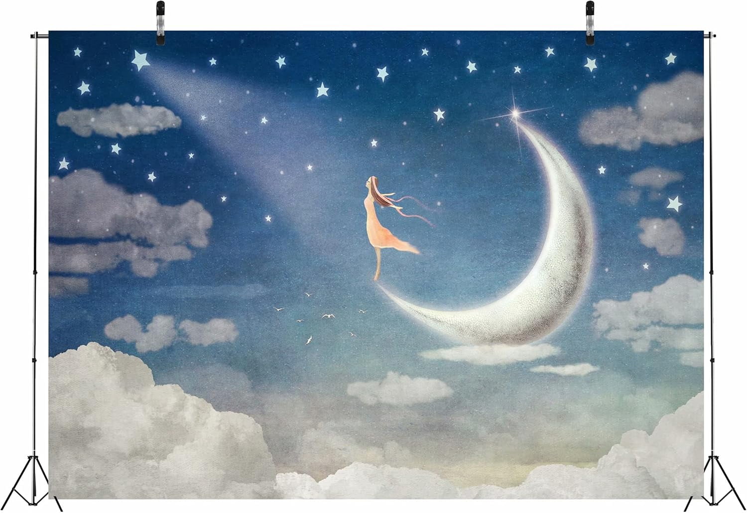 9X6Ft Fabric Starry Night Moon Backdrop Night Sky Party Background For ...