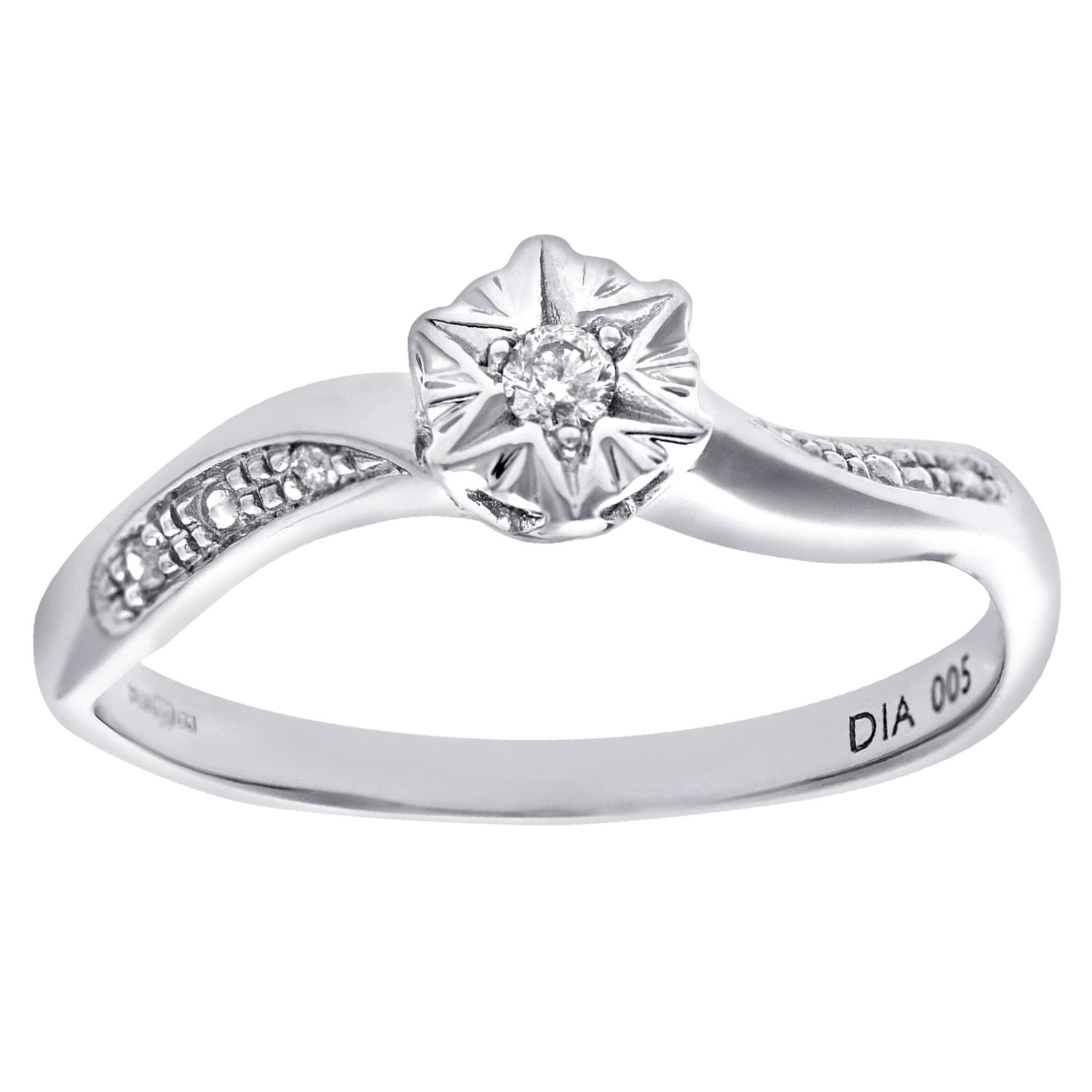 9ct White Gold Jewelco London 5pts Diamond Wavy Illusion Star Solitaire ...
