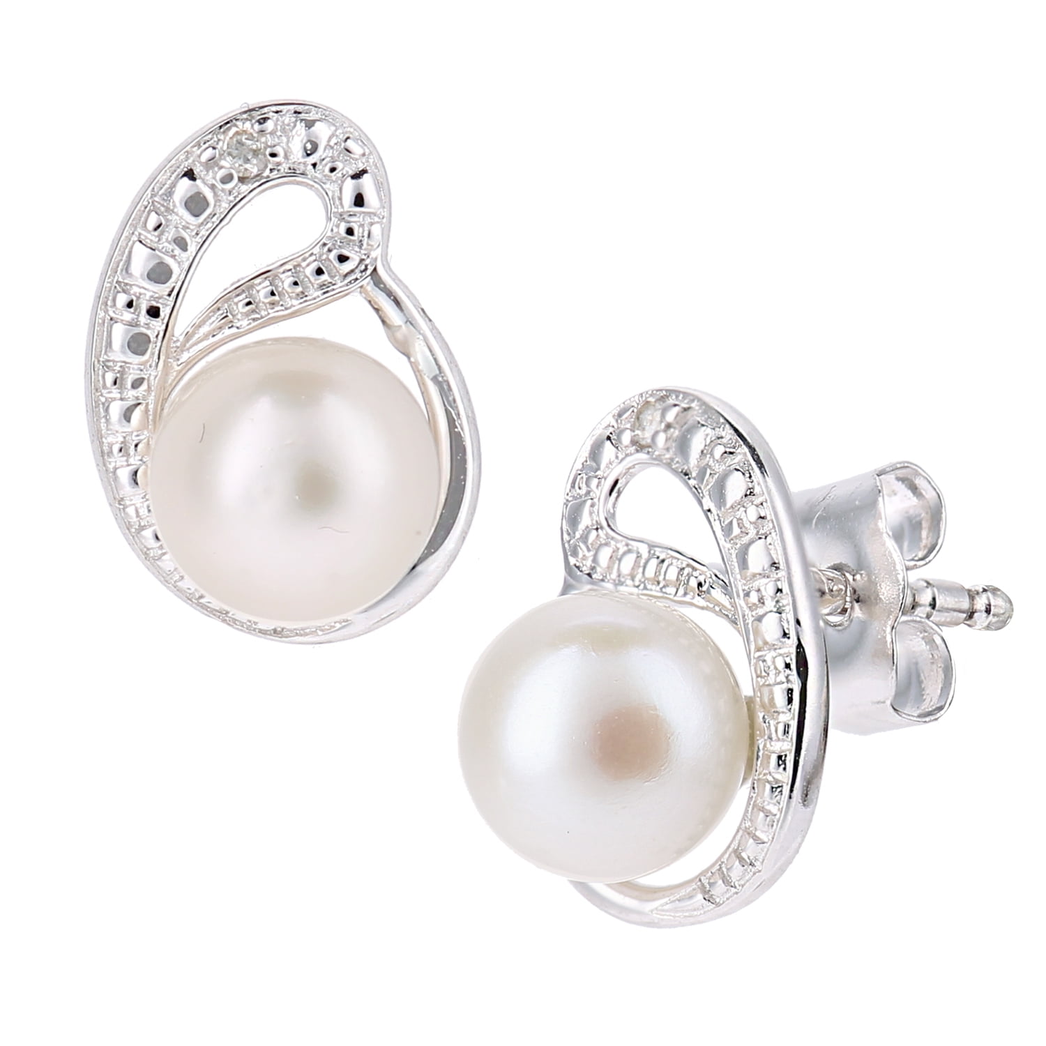 9ct White Gold Jewelco London Diamond Pearl 5mm Ouroboros Moon Stud ...