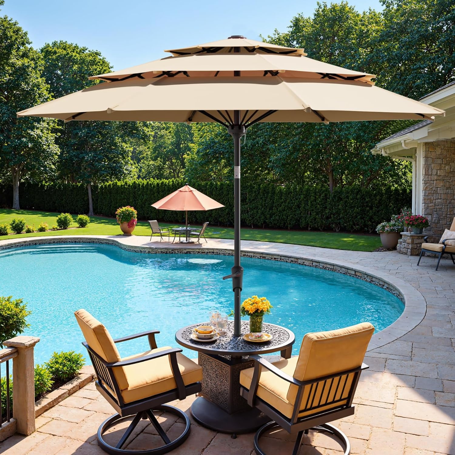 9ft 3-Tier Outdoor Patio Umbrella, Table Umbrellas with Fiberglass Ribs ...
