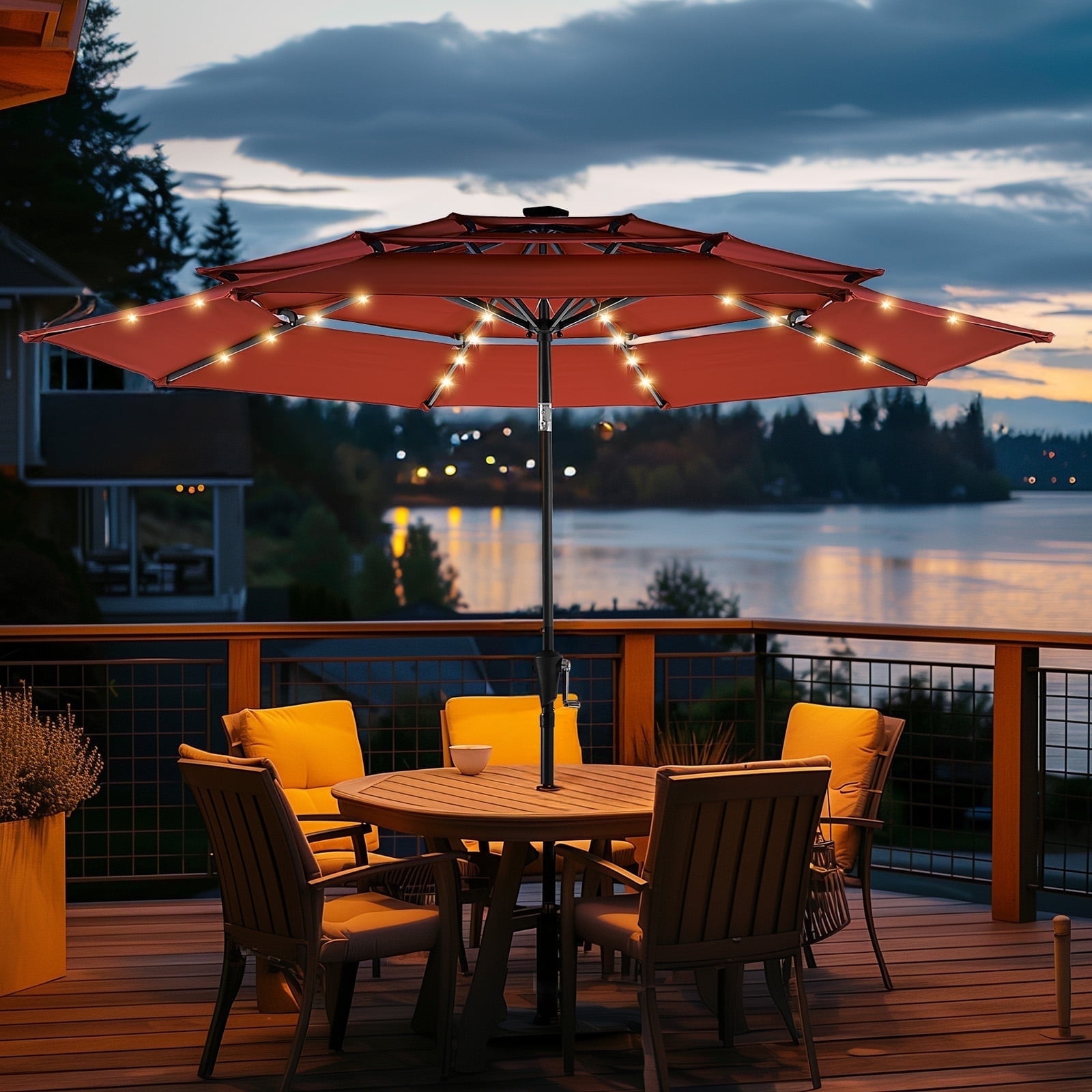 HOMSHADE 9ft 3-Tier Solar Patio Umbrella, 24 LED Lights, UV-Blocking ...