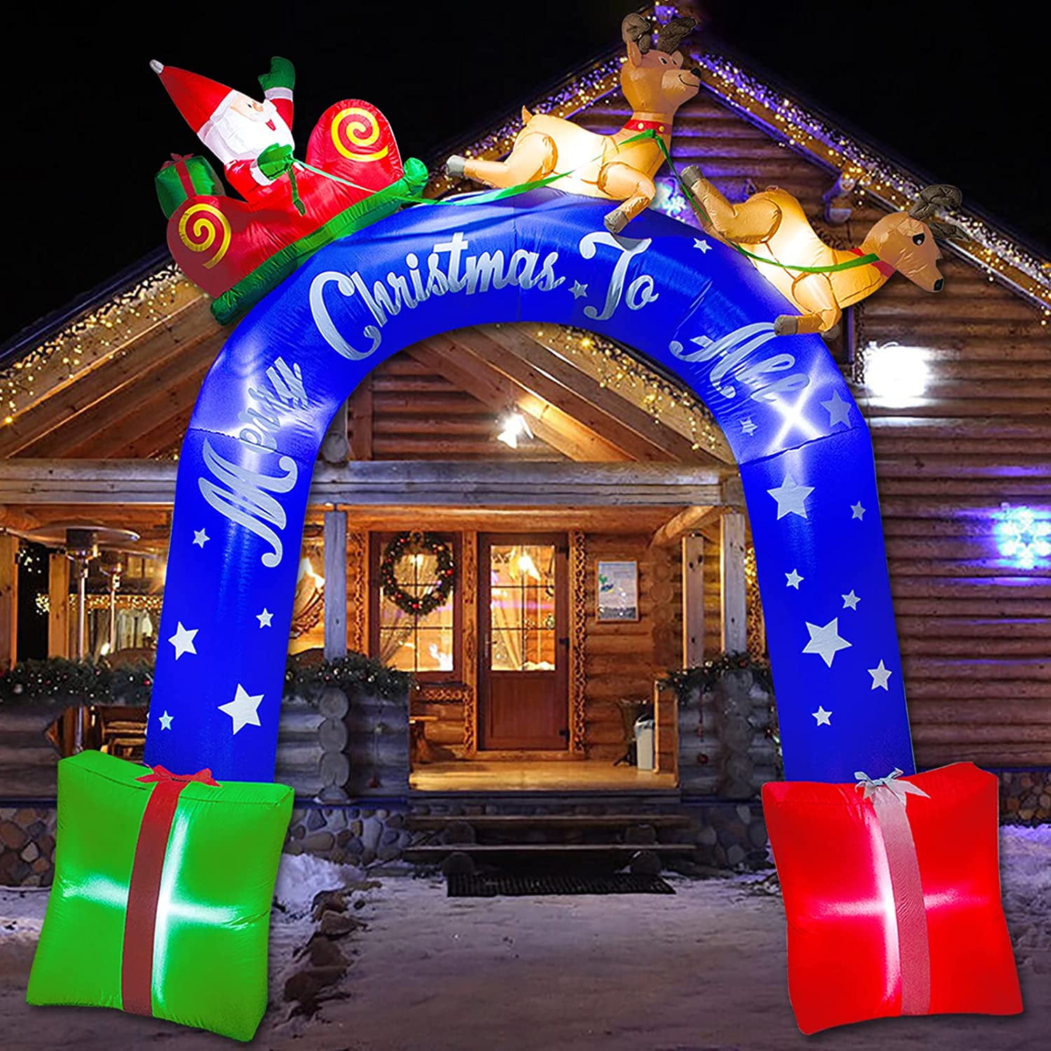 Husfou 9ft Christmas Inflatable Archway with Santa, Sled Elk, Gifts, LED Lights for Outdoor ...