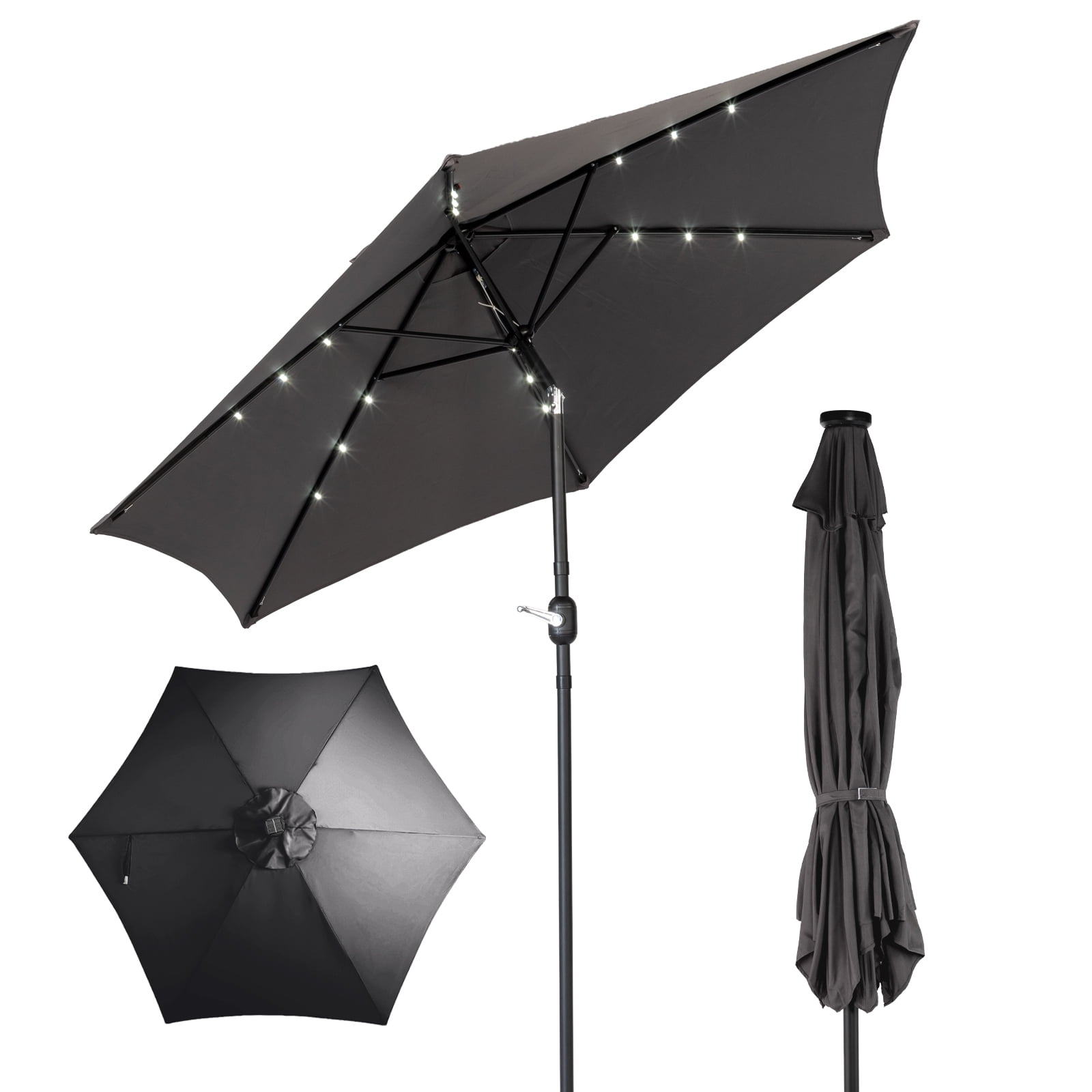 9ft Gray Solar LED Patio Umbrella, Push Button Tilt & Crank Design, 6 ...