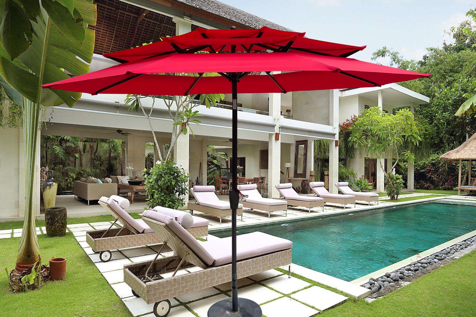 9ft Patio Umbrellas, Outdoor 3 Tiers Large Market Table Umbrella with ...