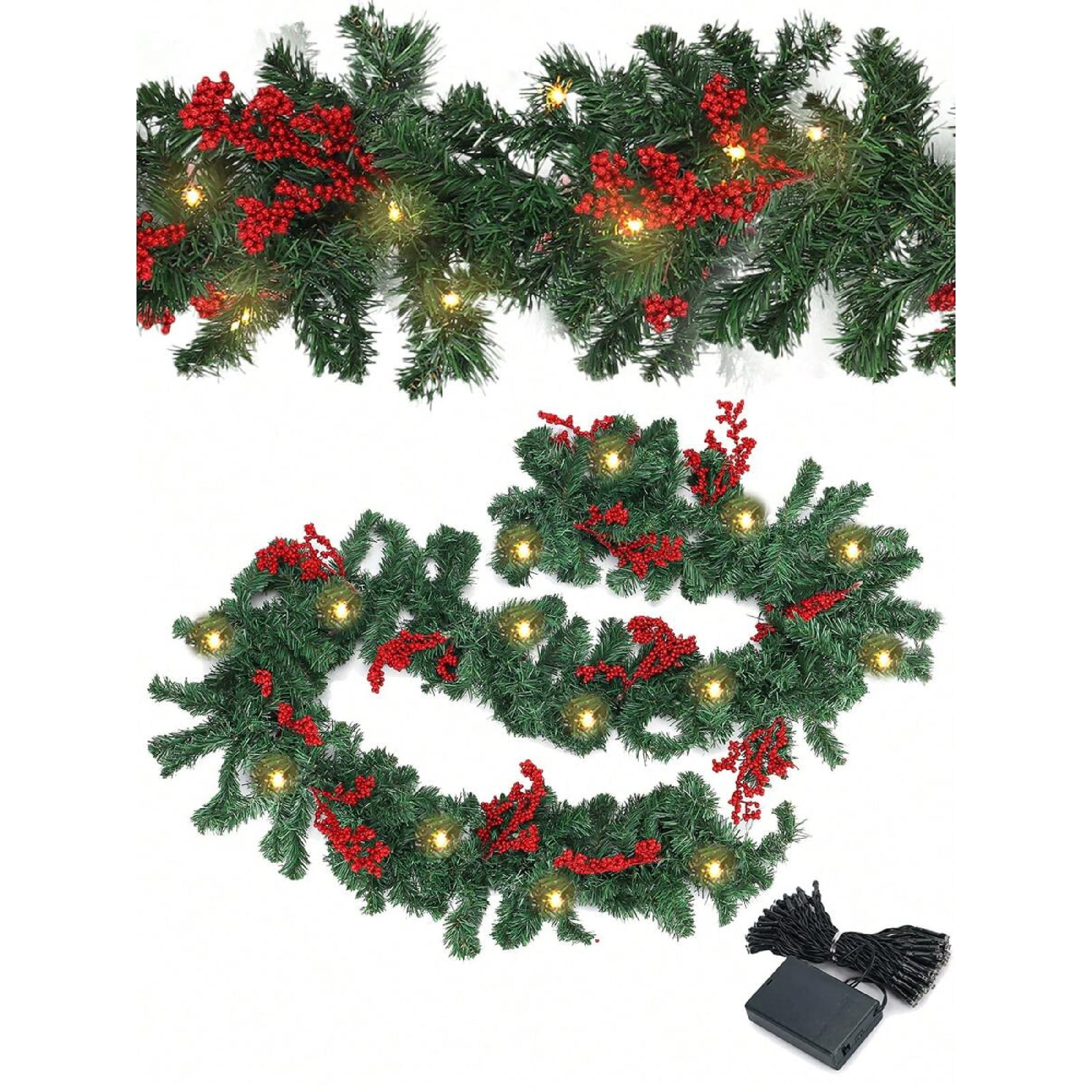 9ft Pre-Lit Artificial Christmas Garland - 50 LED 16ft Battery Operated ...