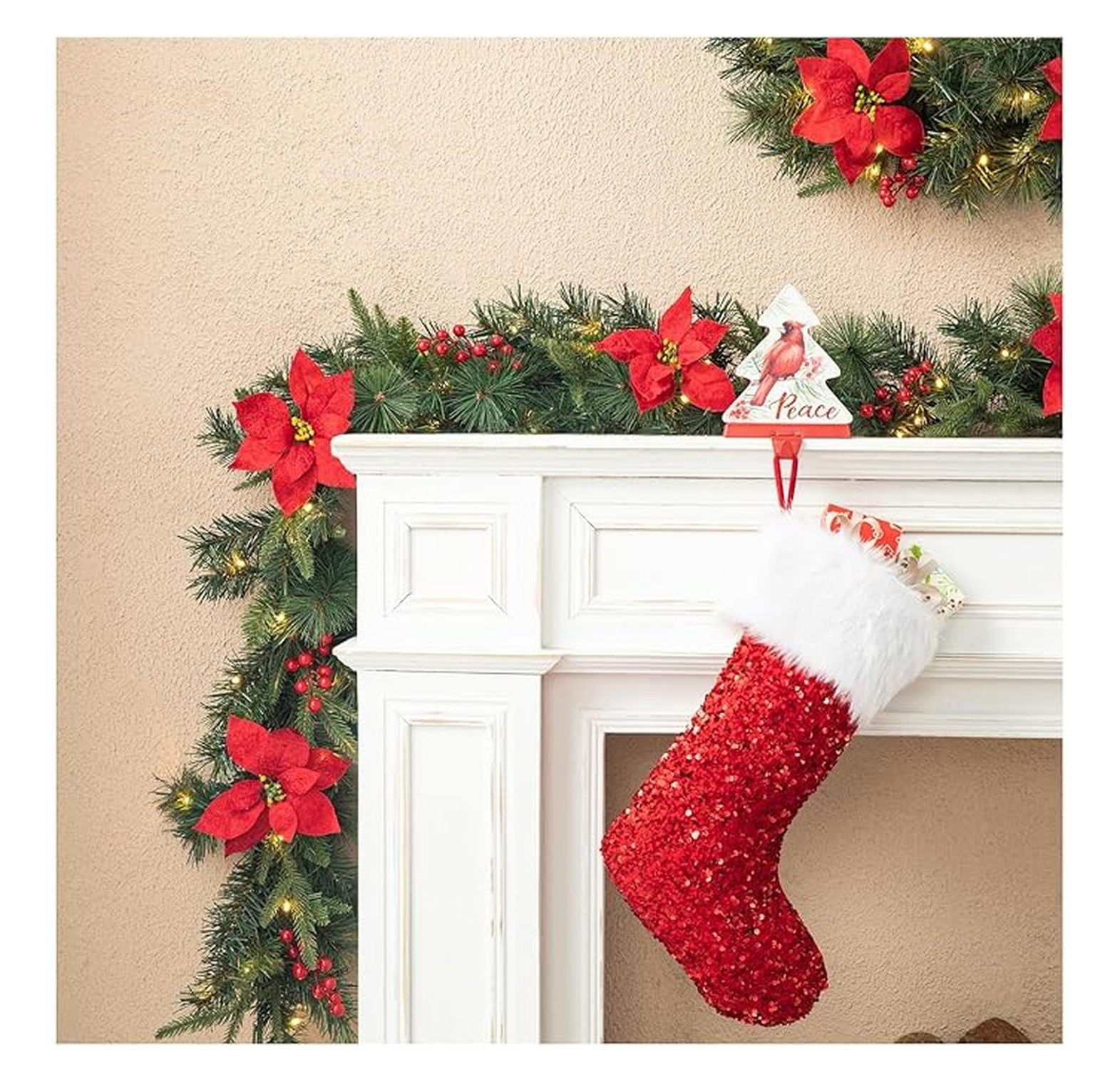 9ft Pre-Lit Greenery Pine Poinsettia and Red Berries Christmas , Artificial Xmas Pine with 70 ...