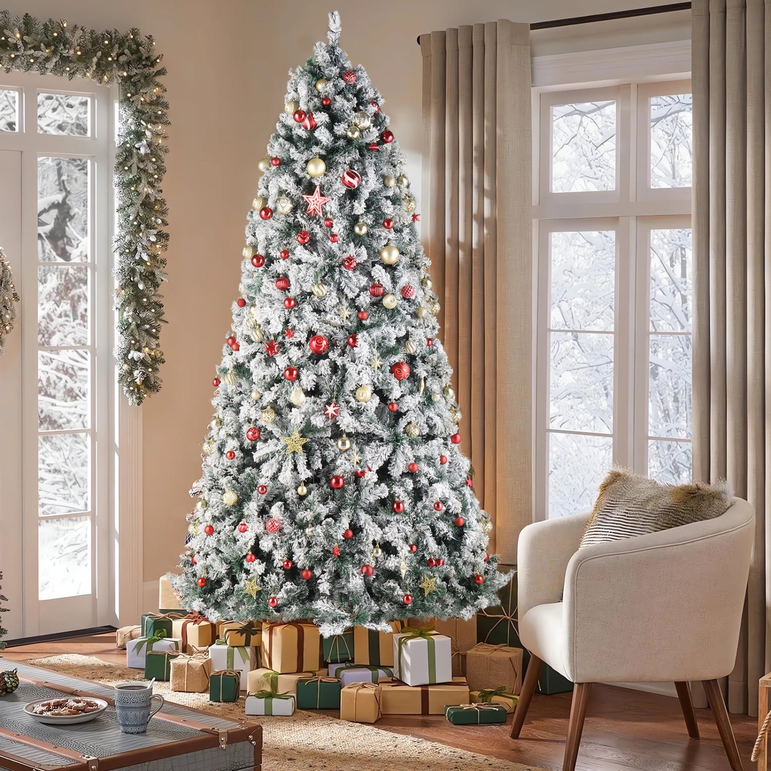 9ft Prelit Artificial Christmas Tree, Automatic Snow Flocked Xmas Tree ...