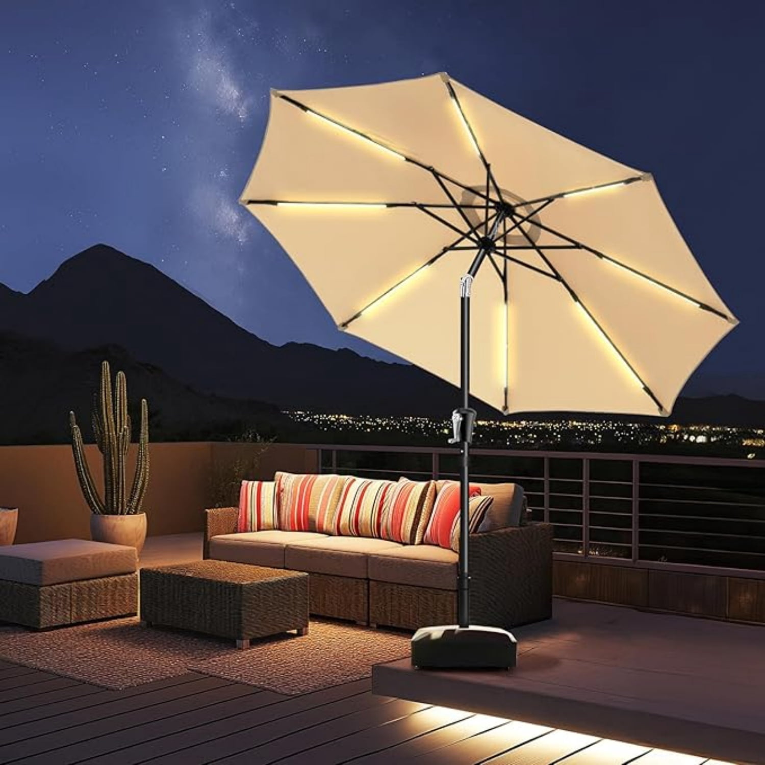 9ft Solar Patio Umbrella - Solar Lights LED Lighted UPF50+ UV ...