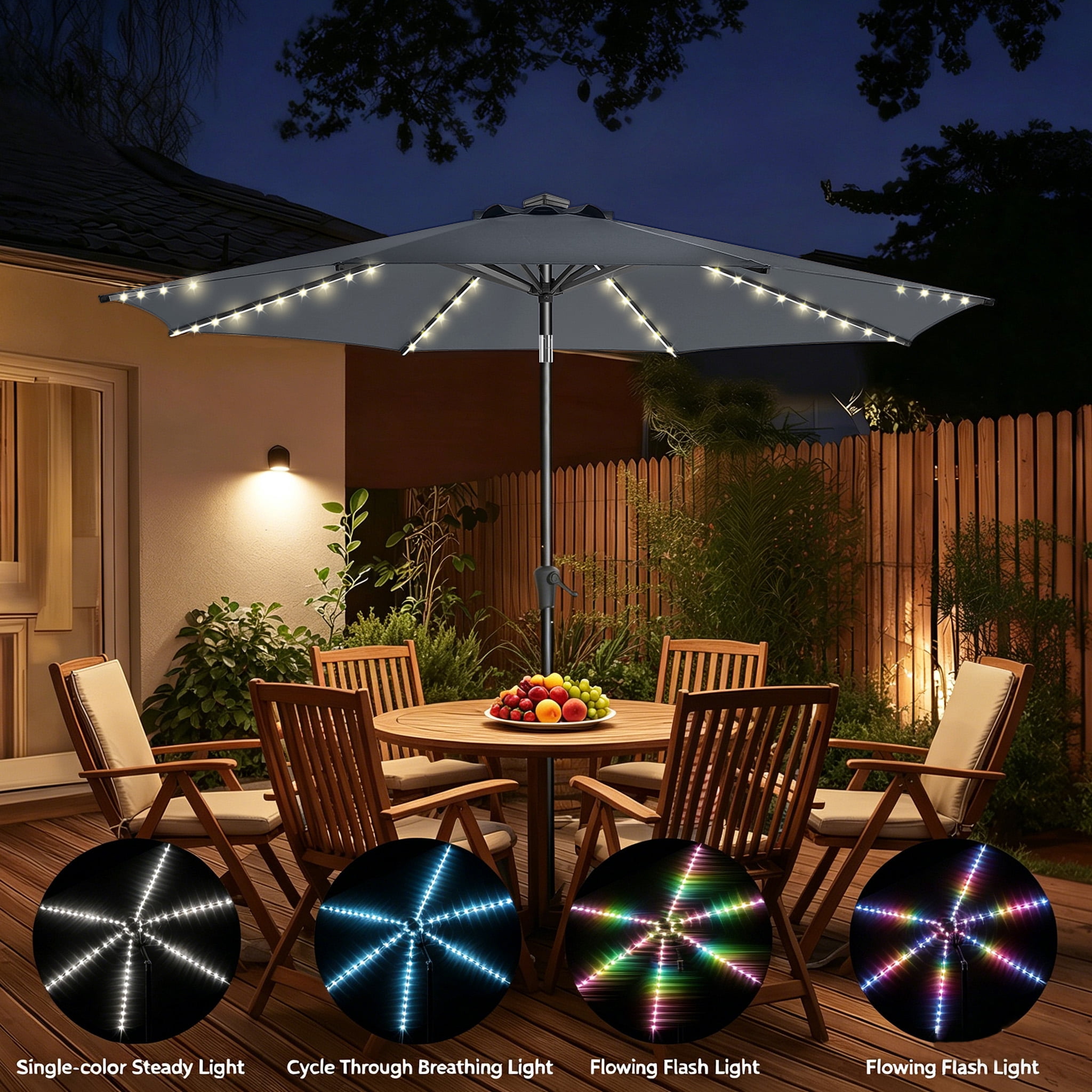 TASKBAY 9ft Solar Patio Umbrella with Colorful LED Lights, 45° Tilt ...