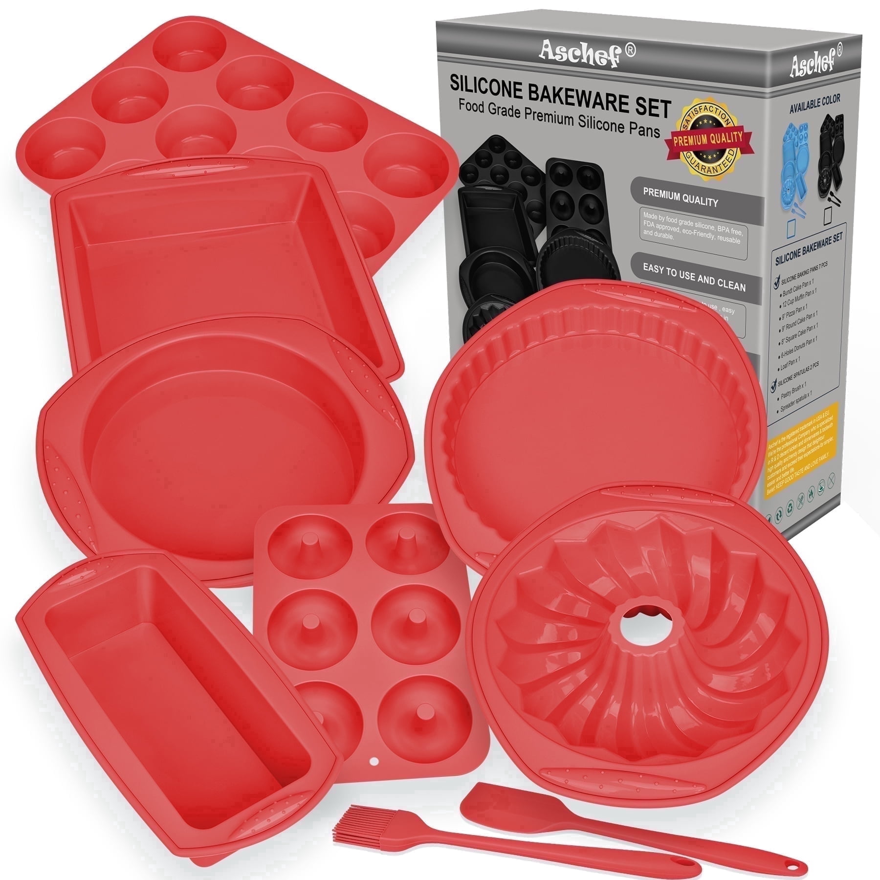Aschef, 9in1 Nonstick Silicone Baking Pan Set, 9in Bundt Cake Pan, Red ...
