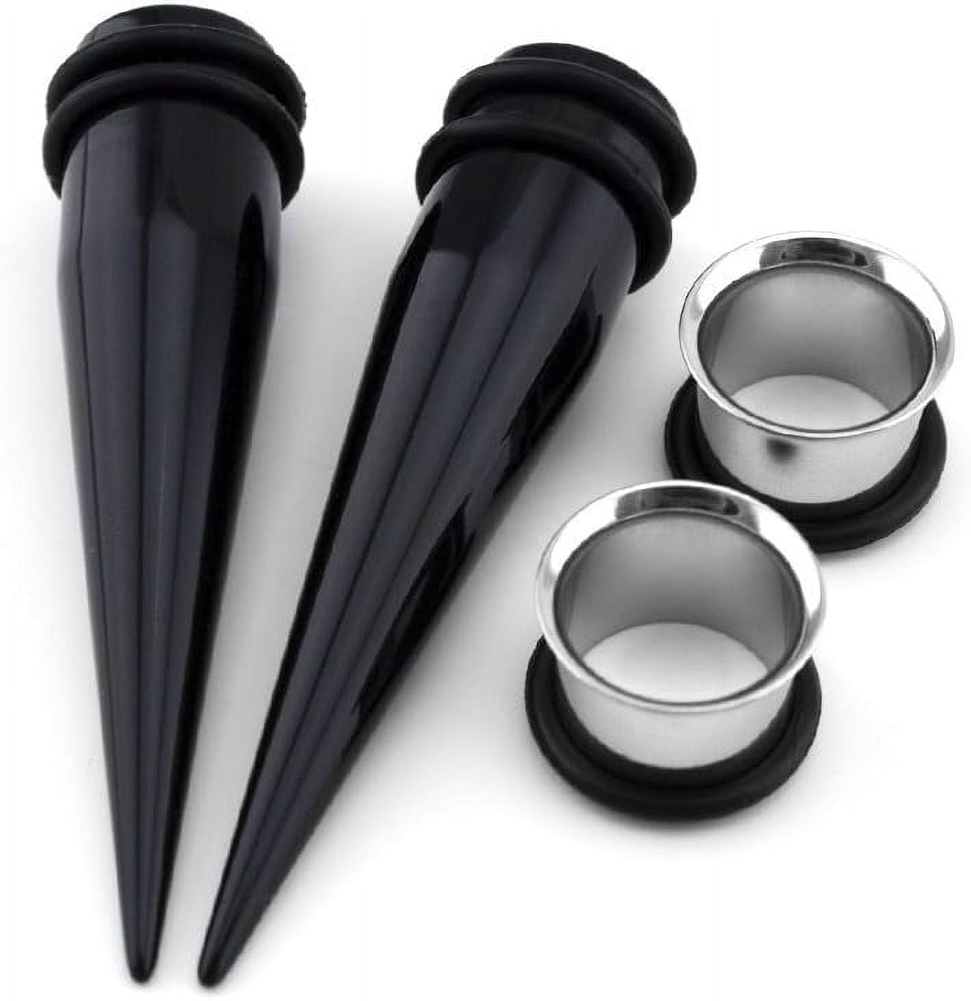 9mm Ear Stretching Kit - 2 Black Acrylic Tapers & 2 Steel Tunnels (4 ...