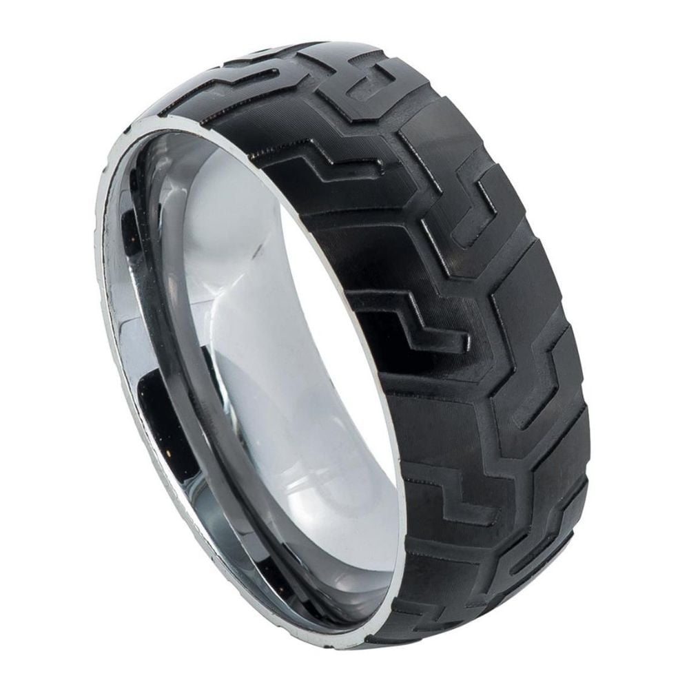 9mm Semi-domed Ring with Black IP Plated with Super Sleek Tire Tread ...