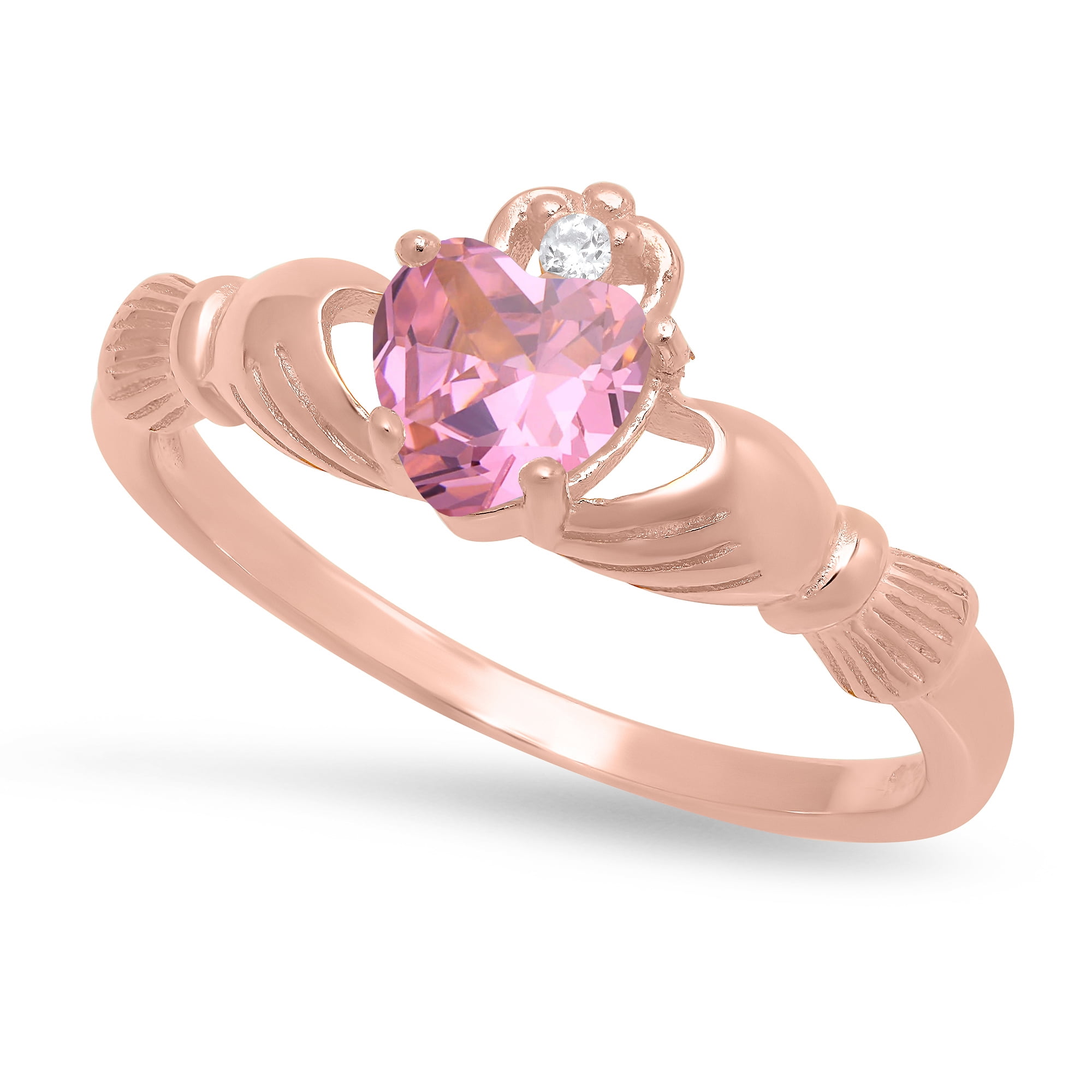9mm Silver Pink Tourmaline (October) CZ Heart Claddagh Ring, Size 10.5 ...
