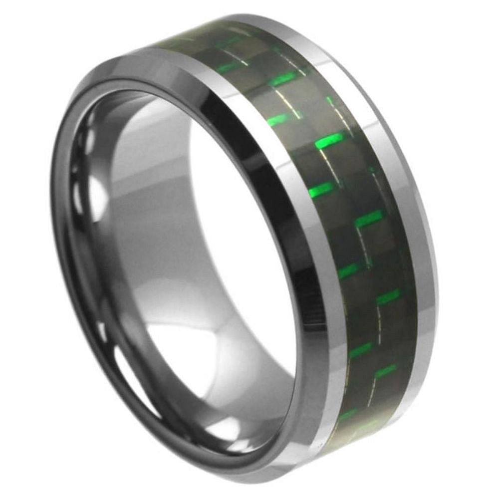 9mm Tungsten Carbide High Polish with Green & Black Carbon Fiber Inlay ...