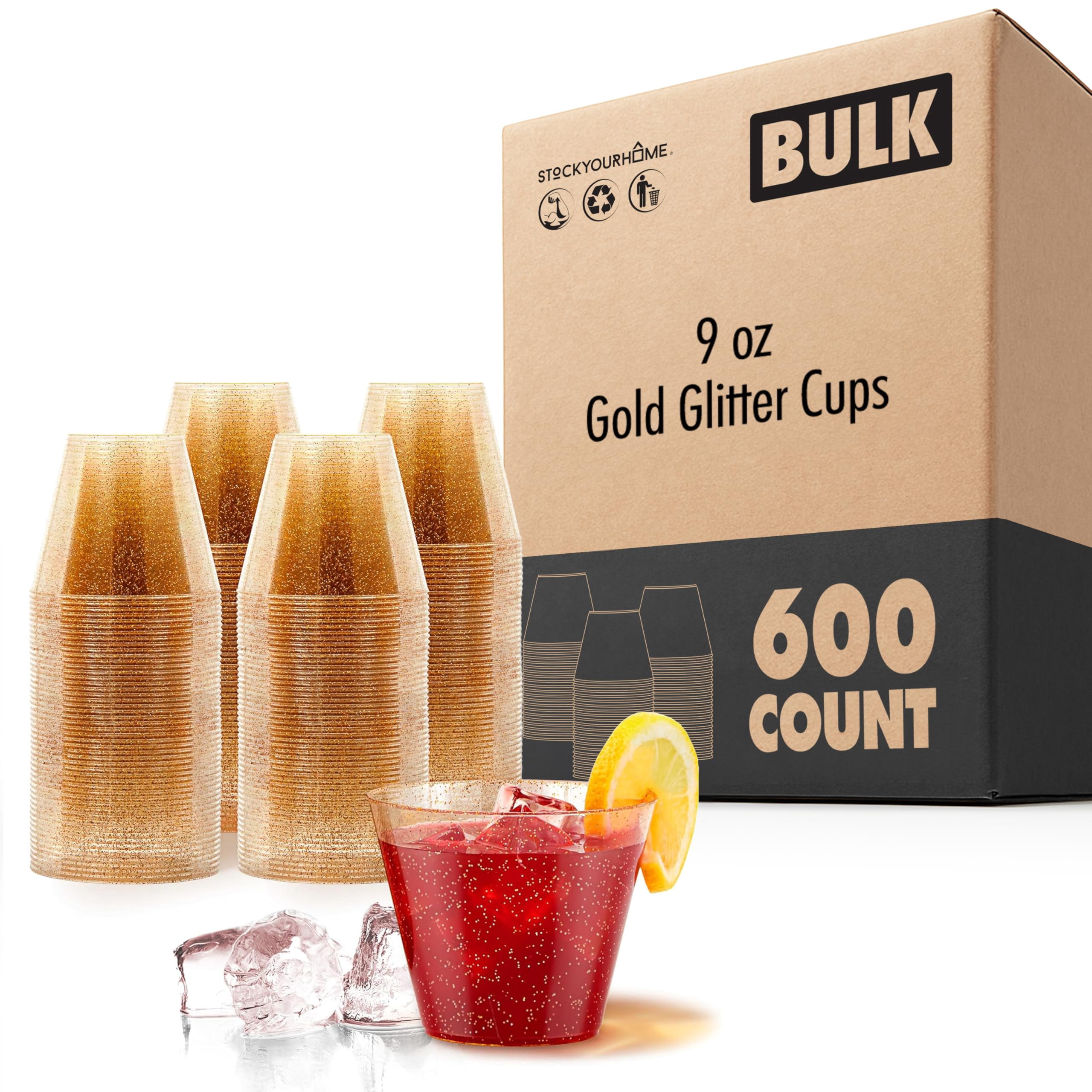 9oz Gold Glitter Plastic Cups (600 Pack), Elegant Disposable Cocktail ...