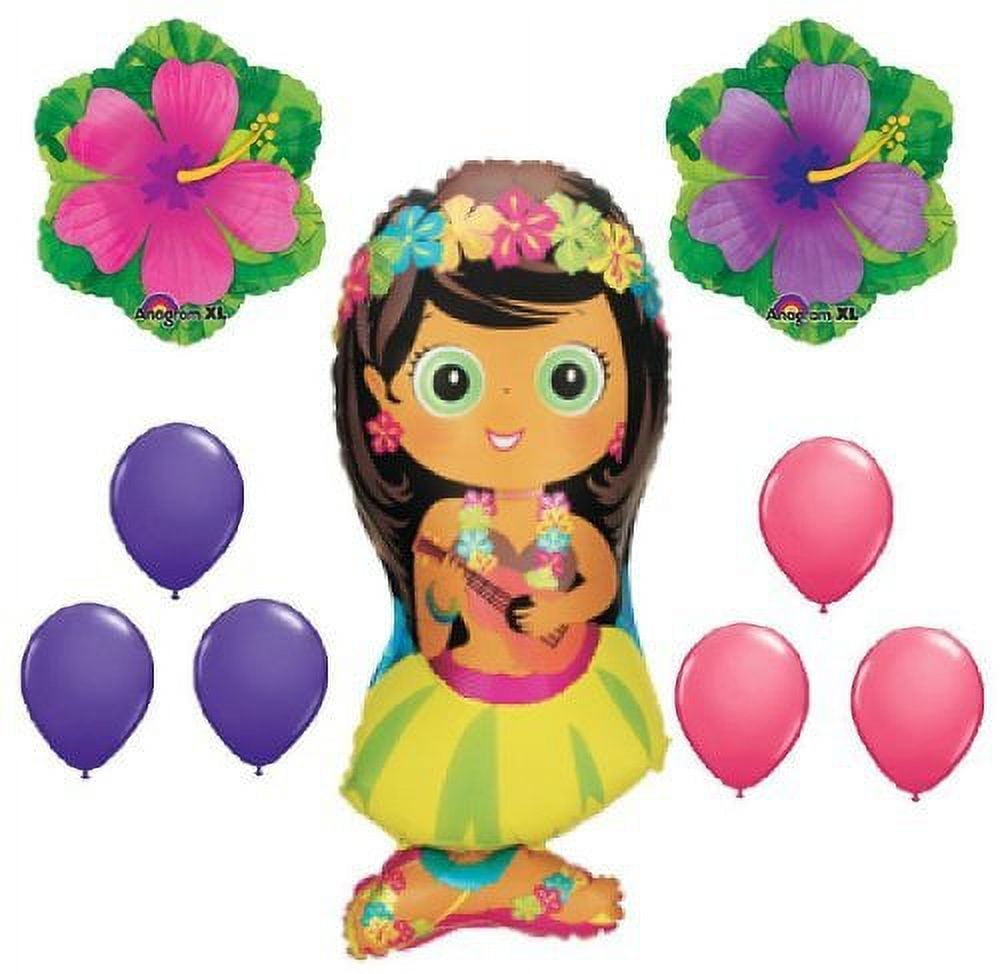 9p HULA GIRL LUAU BALLOONS hibiscus flower pool tropical birthday party ...