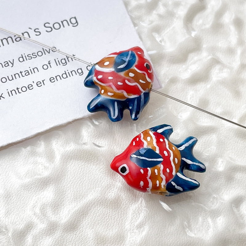 9pc Handmade Porcelain Beads Marine Biological Beads Fish Prussian Blue ...