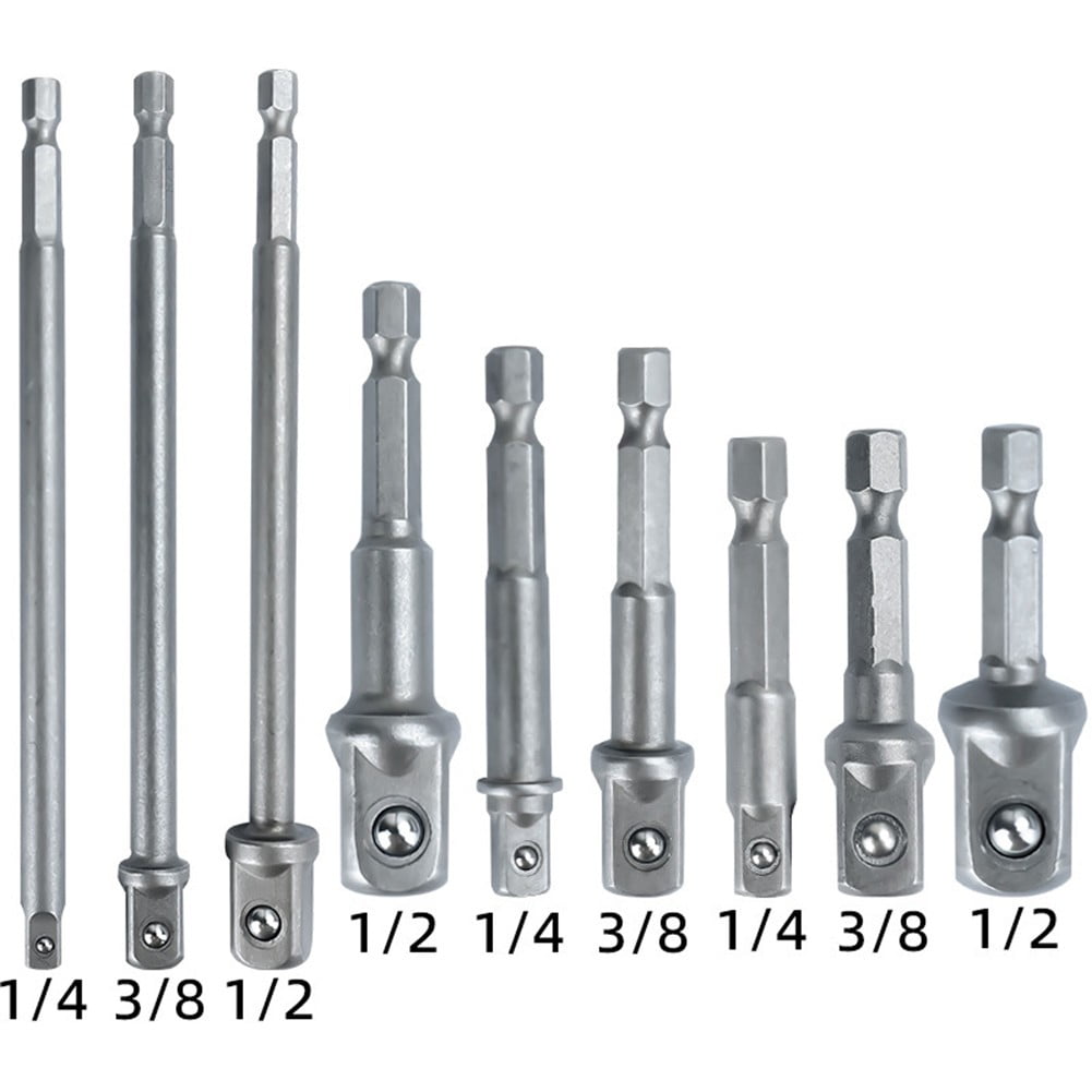 9pc Hex Shank To Square Drill Adapter Extended Electric Wrench Socket ...