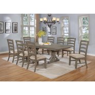 7pc Rustic Gray Brown Wood Dining Set with Beige Linen Bench and Chairs ...