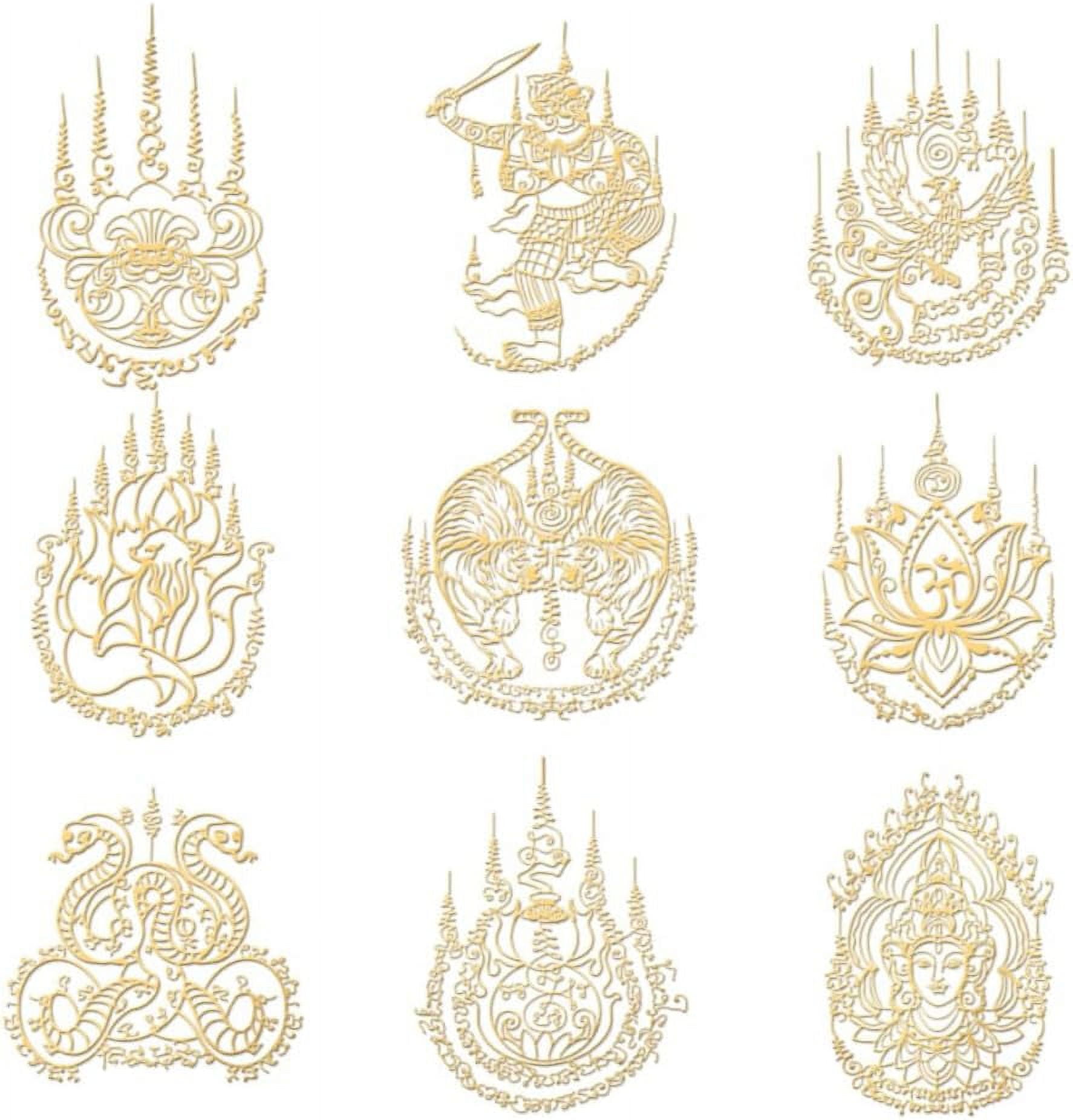 9pcs 1.6x1.6 Inch Thai Sak Yant Gold Metal Stickers: Tiger Nine-Tailed ...