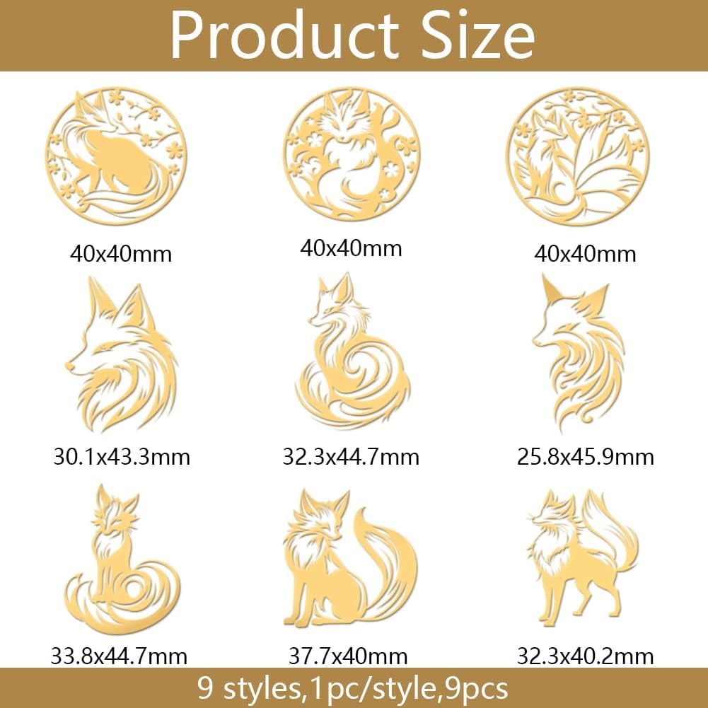 9pcs 1.6x1.6 inch Golden Metal Stickers Fox Metal Sticker Nine-Tailed ...
