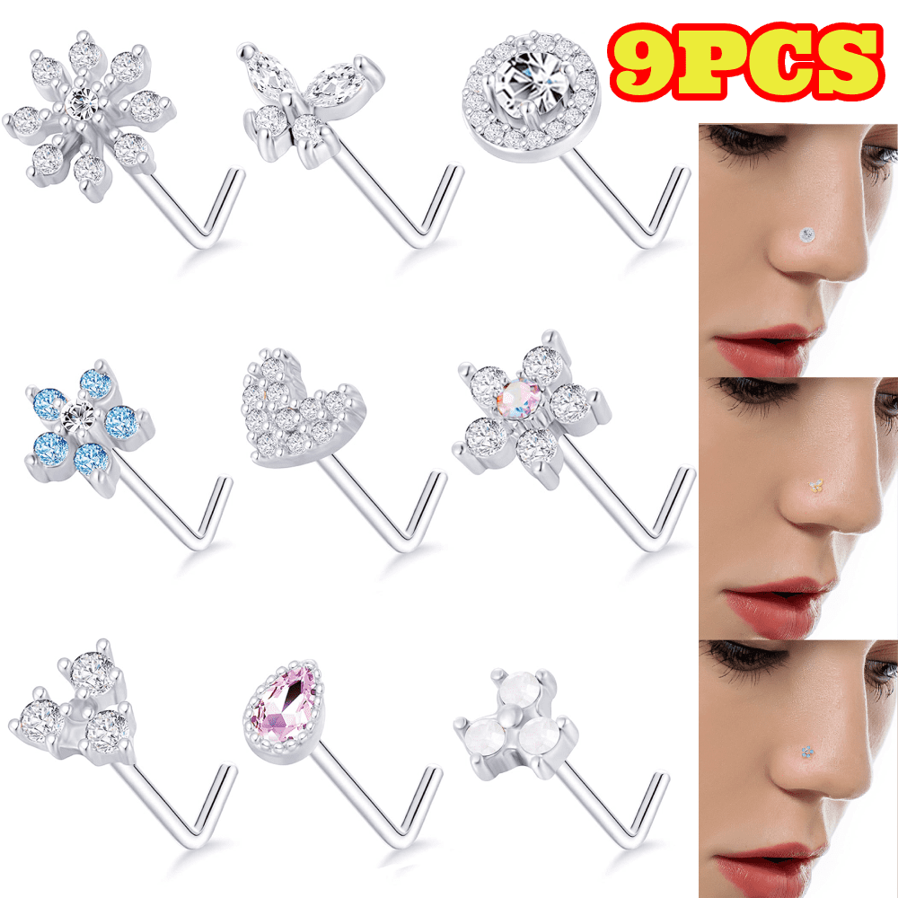 9pcs 20G Nose Rings Stud, Stainless Steel L Shaped Nose Ring, Body ...