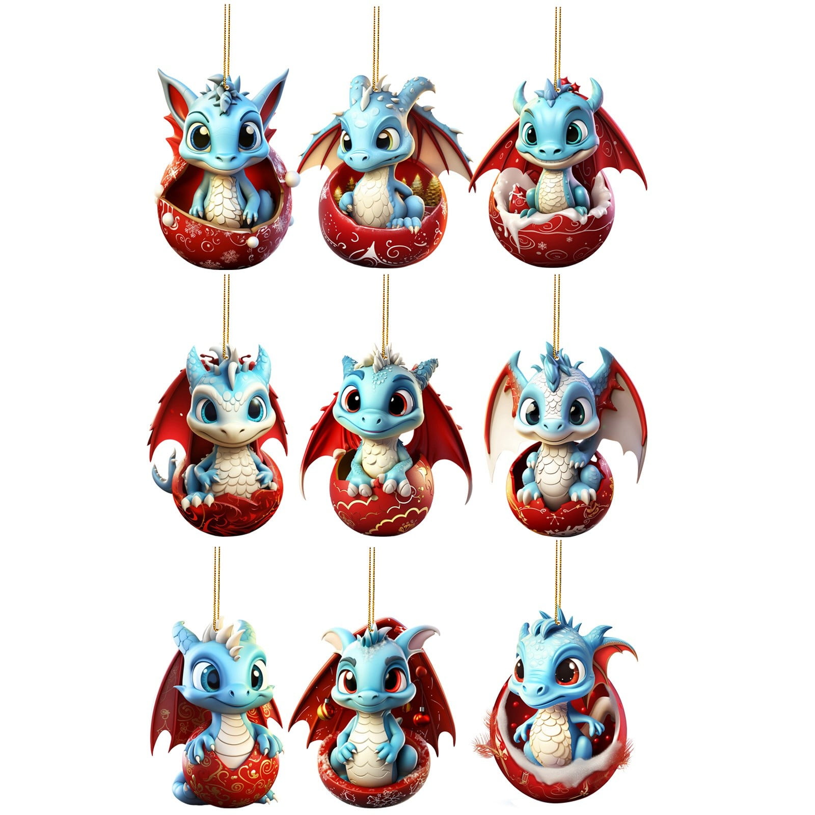 9pcs 2D Christmas Blue and Red Dragon Baby Pendants Cute Acrylic ...