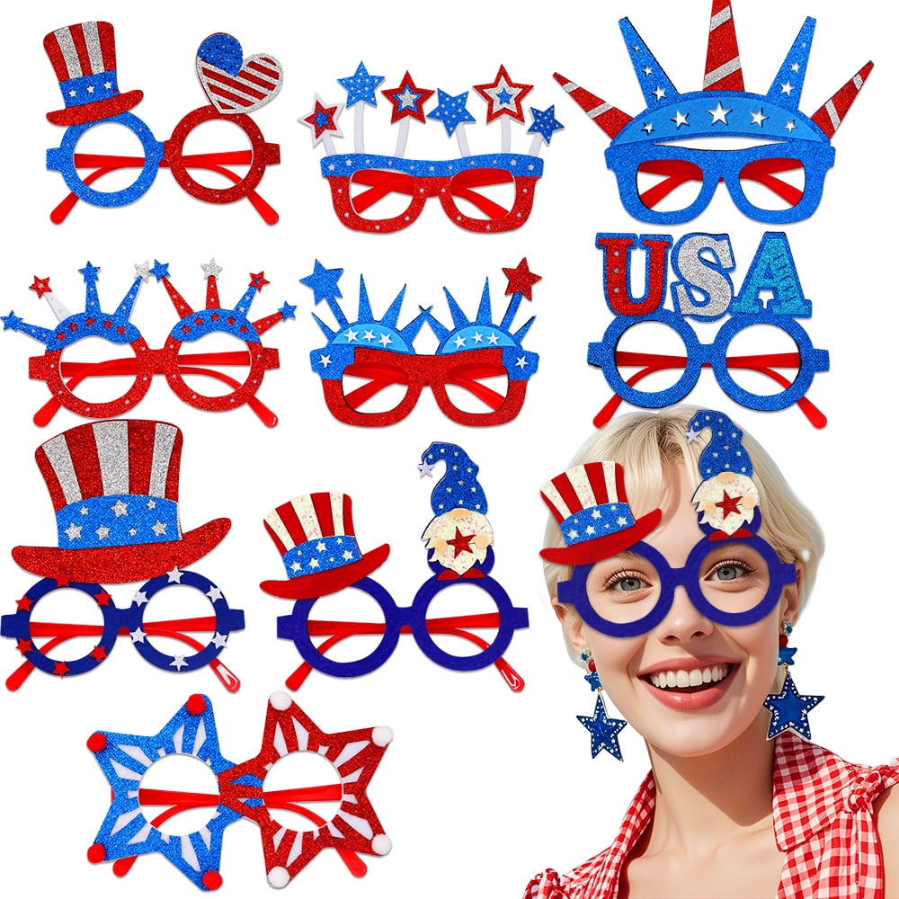 9pcs 4th of July Star Glasses: Patriotic Hat Crown Eyeglasses ...