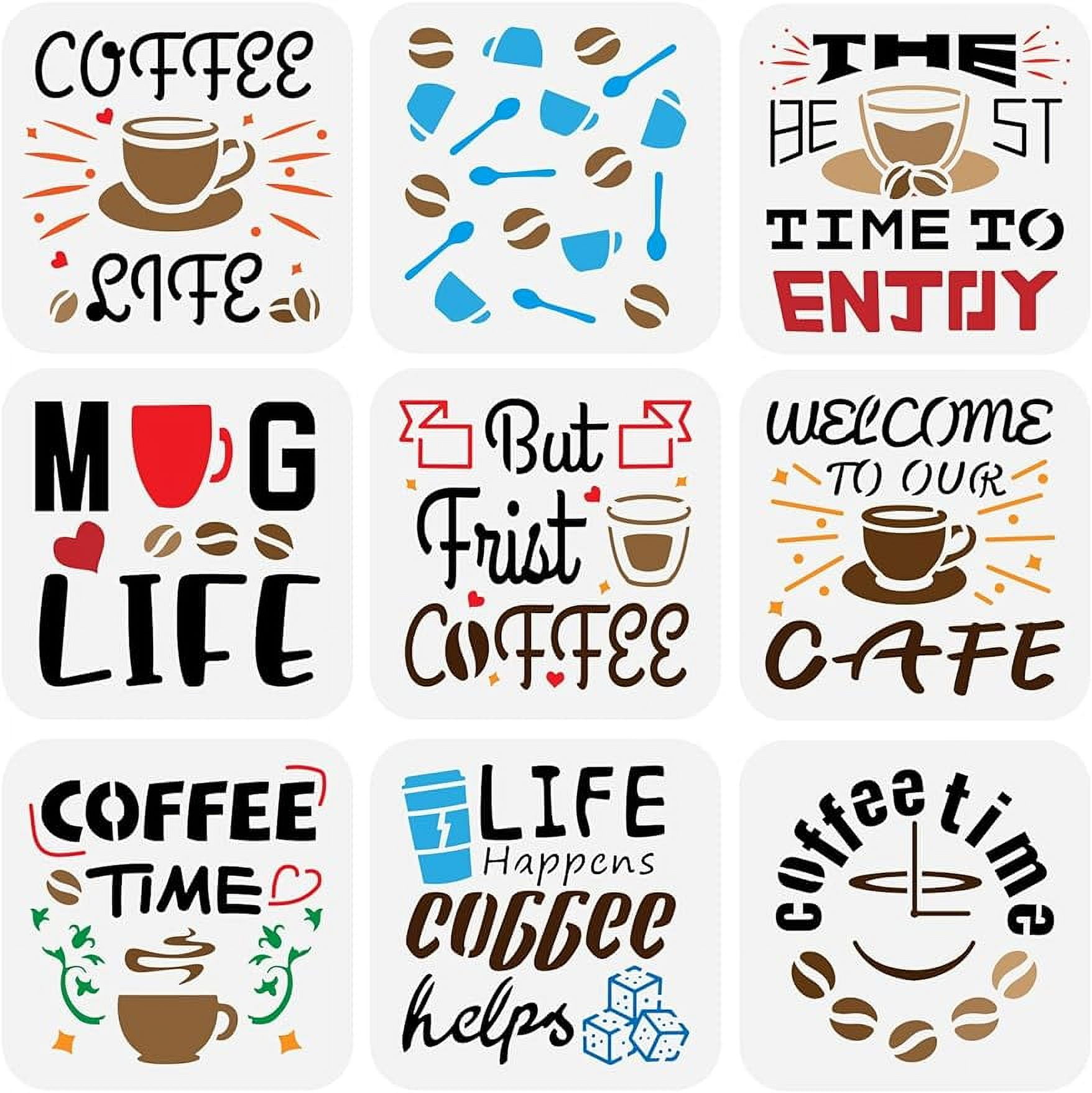 9pcs Coffee Painting Stencil Set Coffee Time Drawing Template Mug Life ...