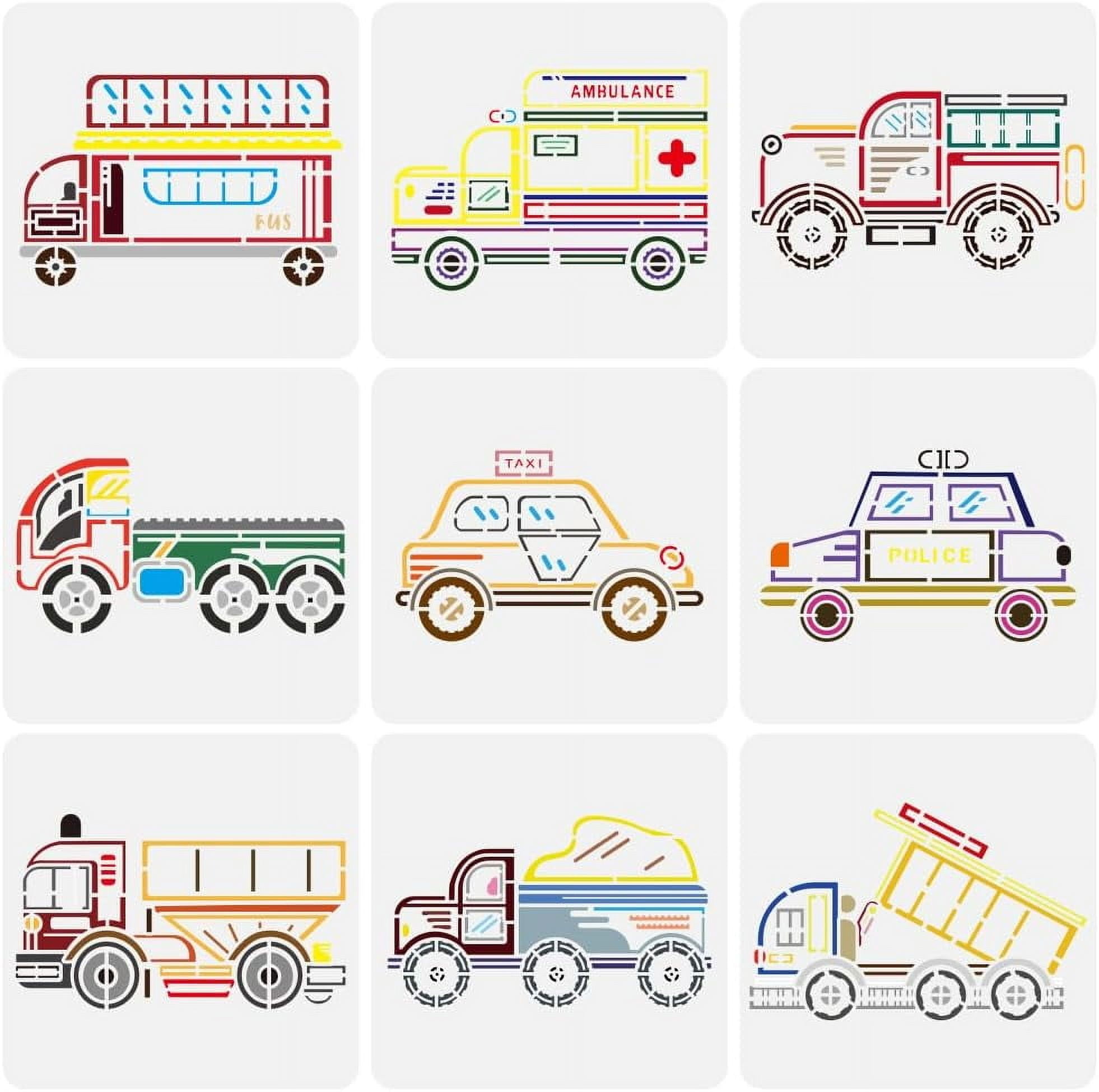 9PCS Construction Vehicle Stencils 7.9x7.9inch Reusable Transport ...