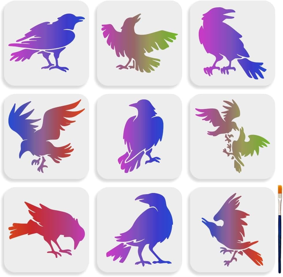 9pcs Crow Stencils 6×6inch Primitive Raven Stencil with Paint Brush ...