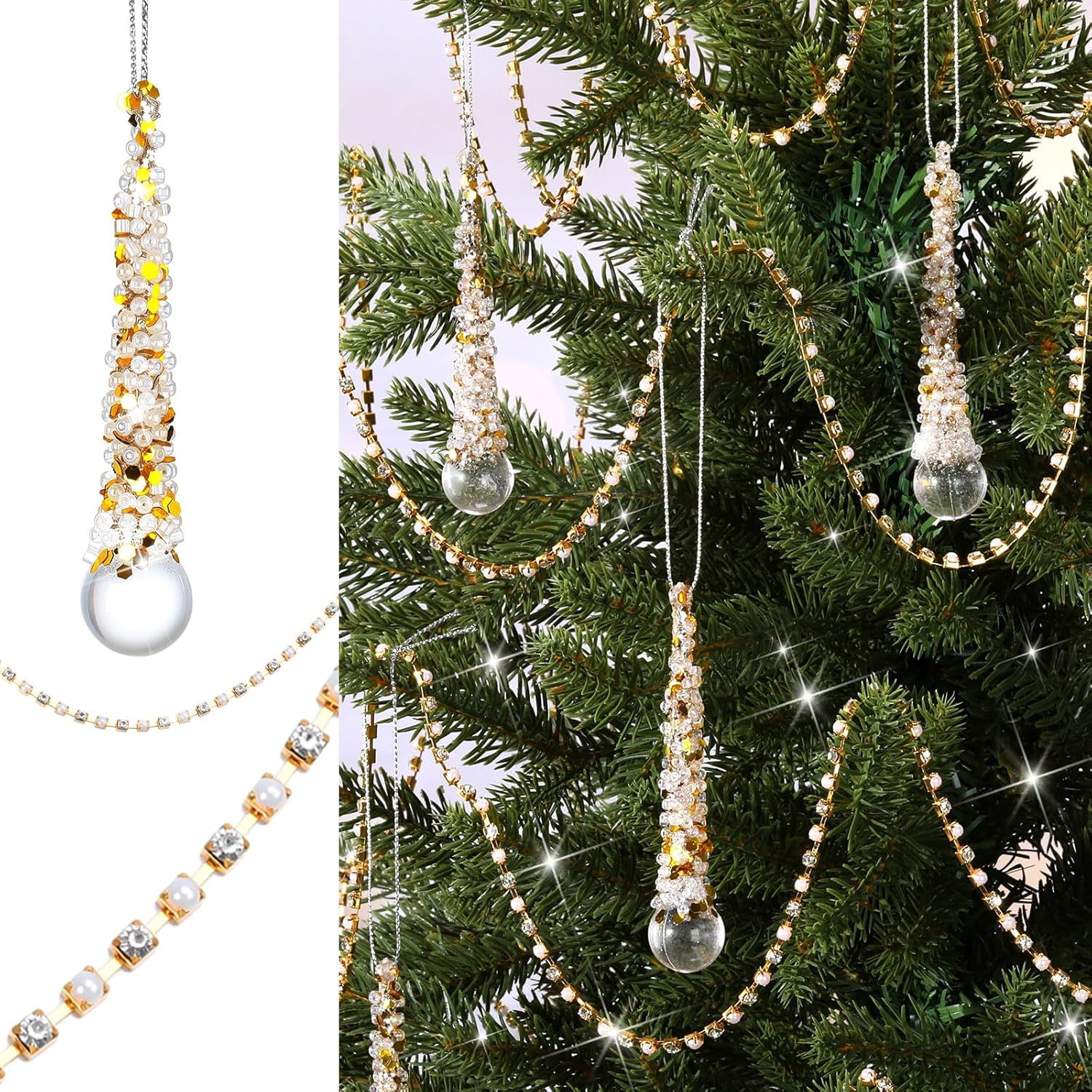 9pcs Crystal Icicle Christmas Tree Ornaments Crystal Gold Tree Garland ...