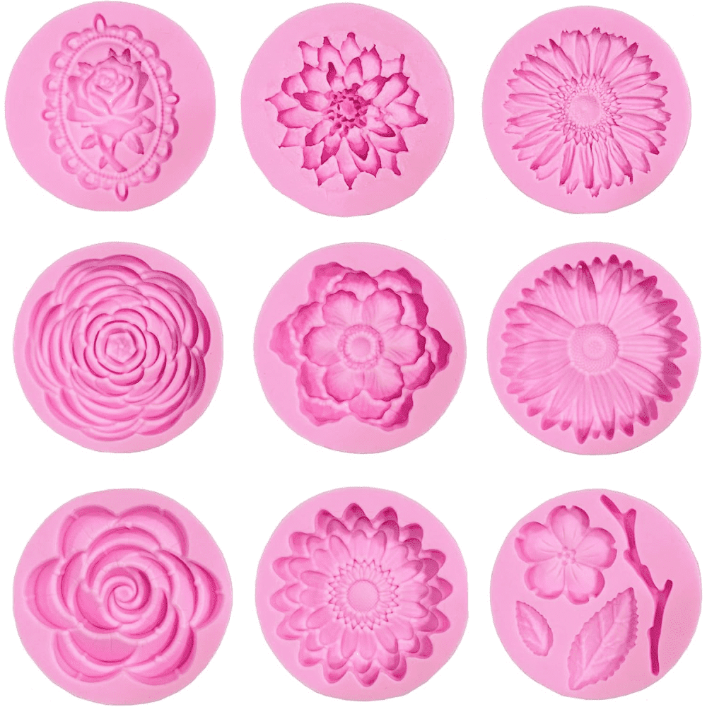 9pcs Flower Silicone Molds, Pink Fondant Candy Making Molds for Cupcake ...