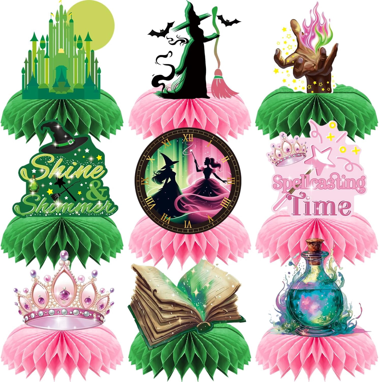 9pcs Magic Witch Honeycomb Centerpieces Pink Green Party Table ...