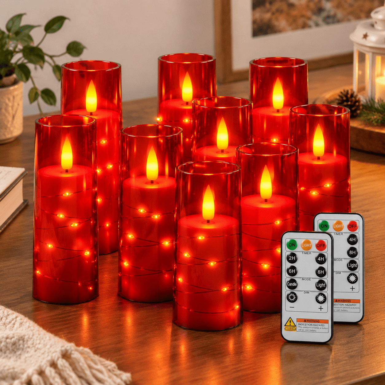 9pcs-Red LED Candles with Remote Timer and Embedded Fairy Lights ...