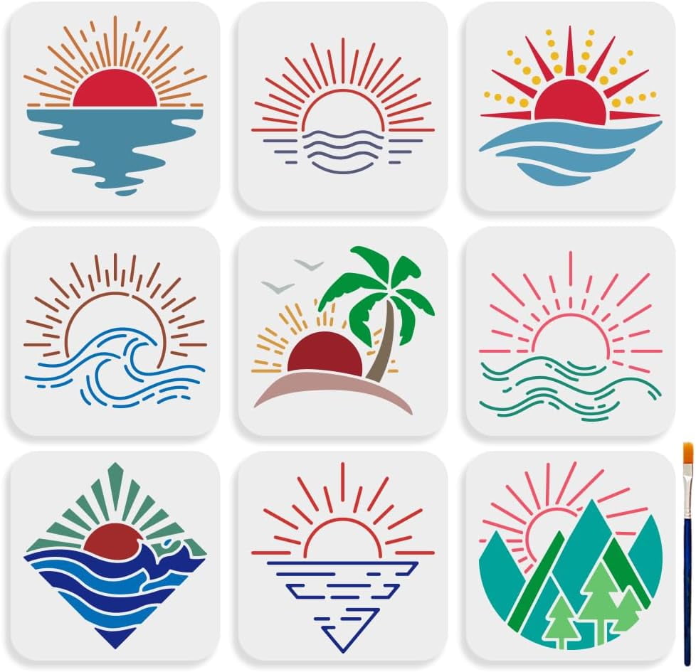 9pcs Sunrise Stencil 6×6inch Boho Sunrise Sunset Stencil for Painting ...