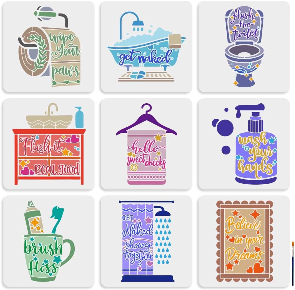 9pcs Toiletries Stencils 11.8×11.8inch Large Bathroom Toiletry Theme ...