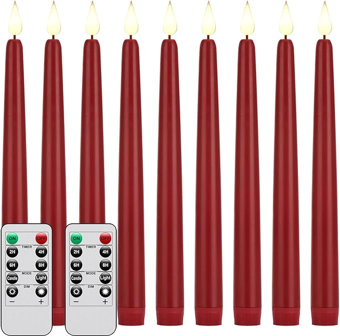 9pcs red Flameless LED Taper Candles with 10-Key Remote Control Timer ...