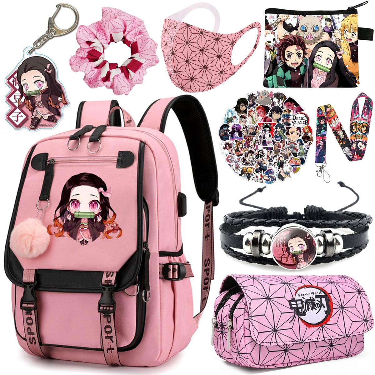 9pcs/set Nezuko Backpack with USB Charging Port, Bookbag - Walmart.com