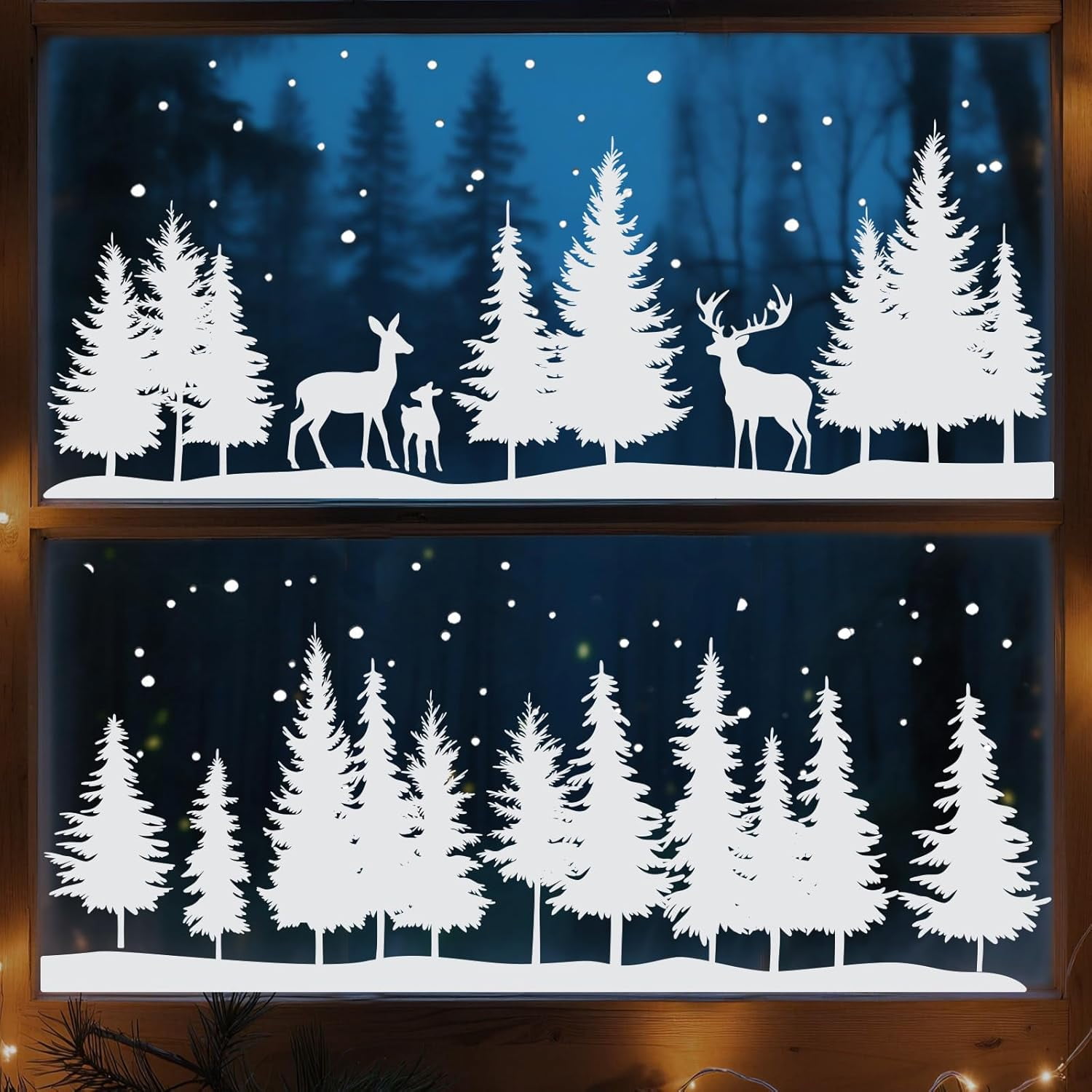 9sheets Christmas Window Clings Snowy Forest Trees Reindeer Reusable ...