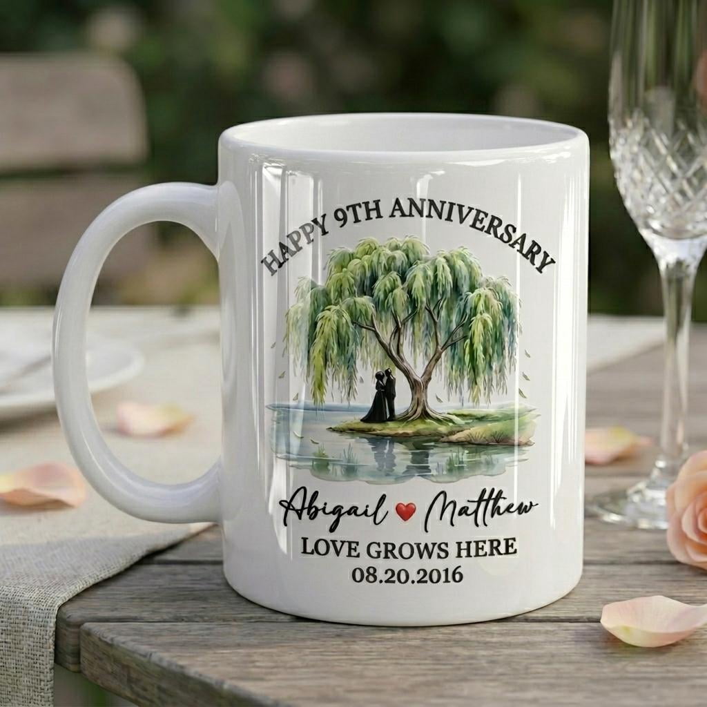9th Anniversary Willow Tree Mug, Romantic Couple Love Coffee Cup, Faux ...