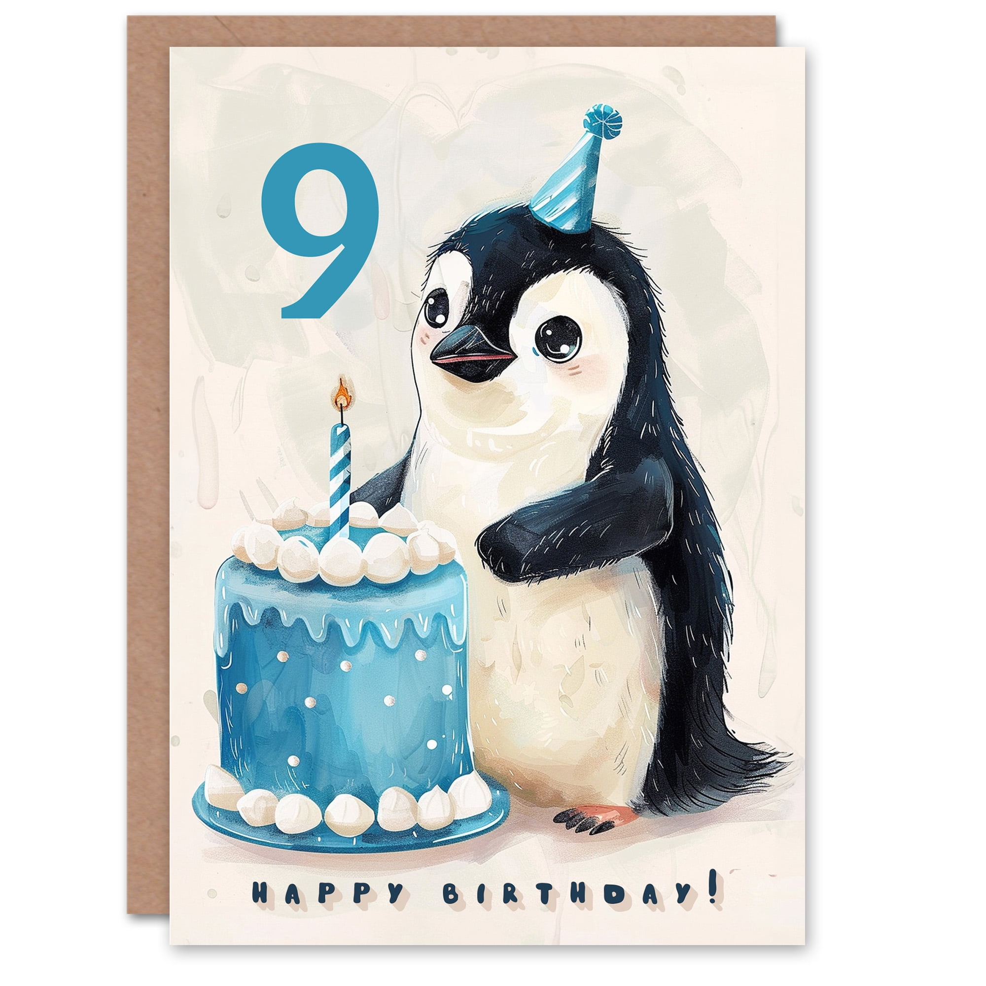 9th Birthday Card Cute Baby Penguin Cake Cartoon Kids Age 9 Year Old ...