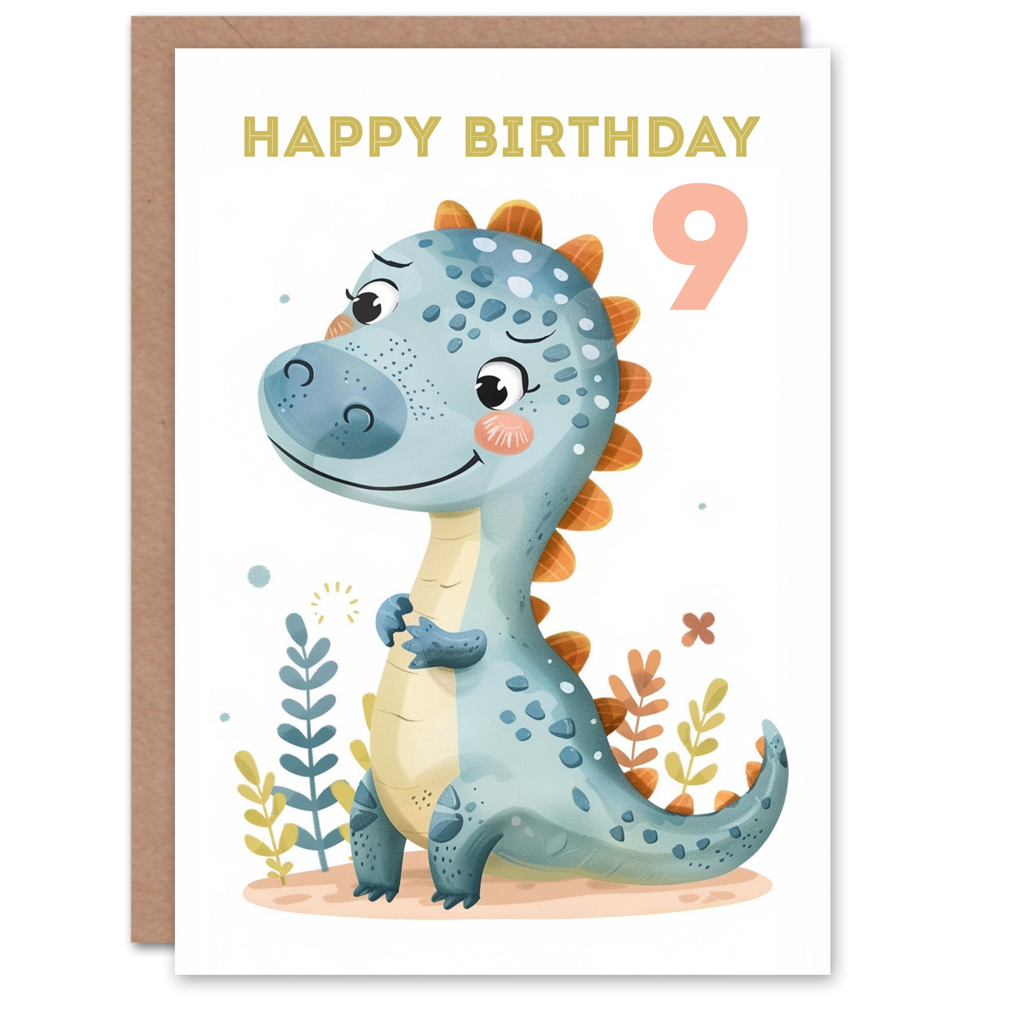 9th Birthday Card Cute Blue Dinosaur Cartoon Drawing Fun Kids Age 9 ...