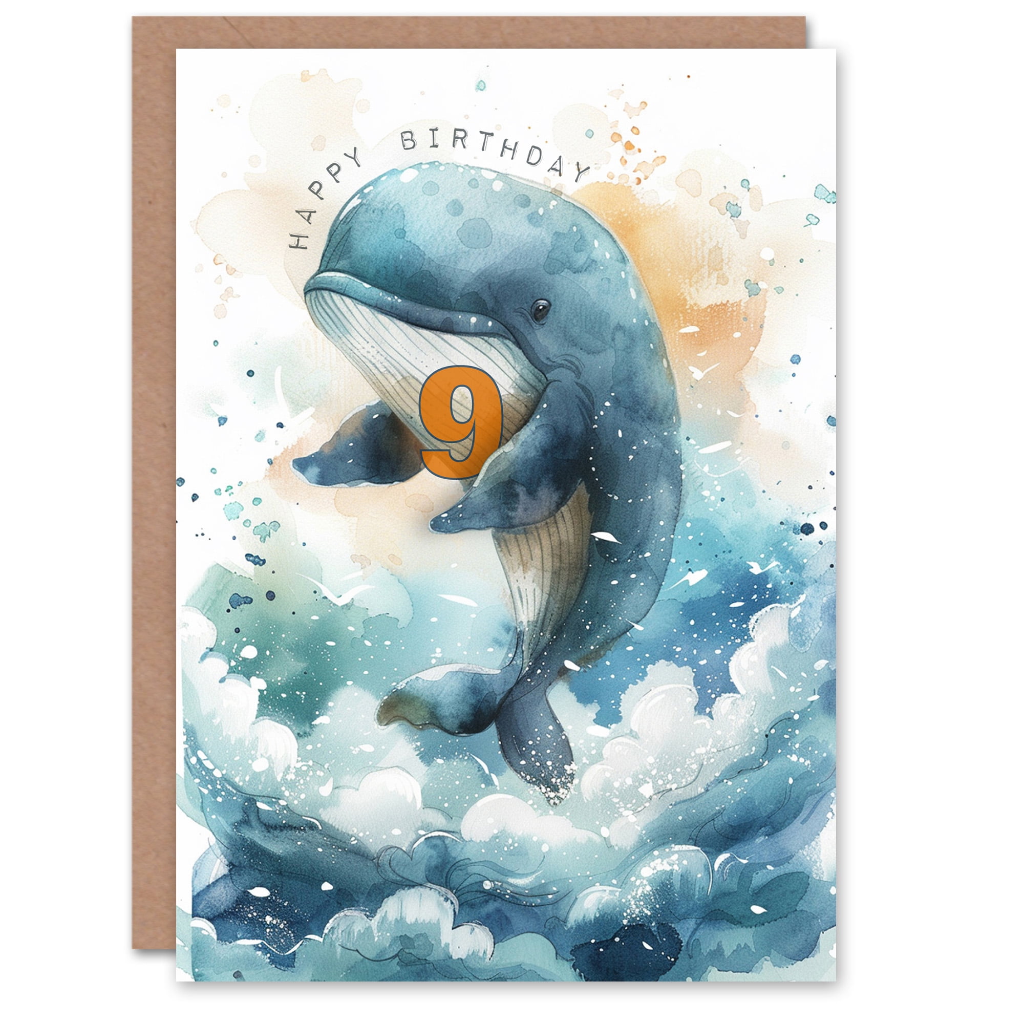 9th Birthday Card Cute Whale Wave Jump Illustration Kids Age 9 Year Old ...