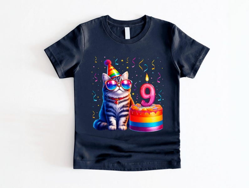 9th Birthday Cat Shirt, Cute Cat with Birthday Cake T-Shirt for 9 Year ...