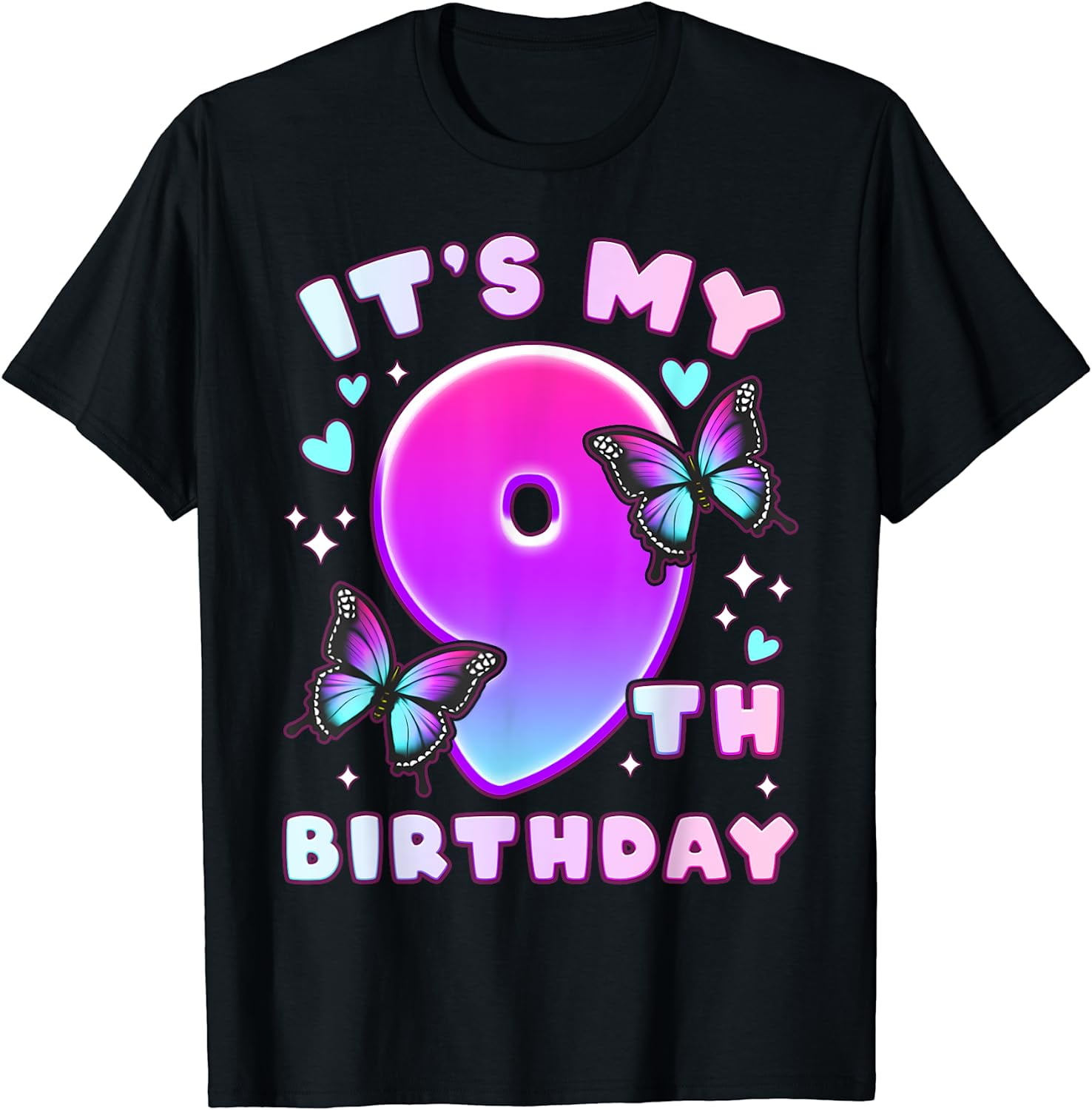 9th Birthday, Girl 9 years, Butterflies and Number 9 T-Shirt Black ...