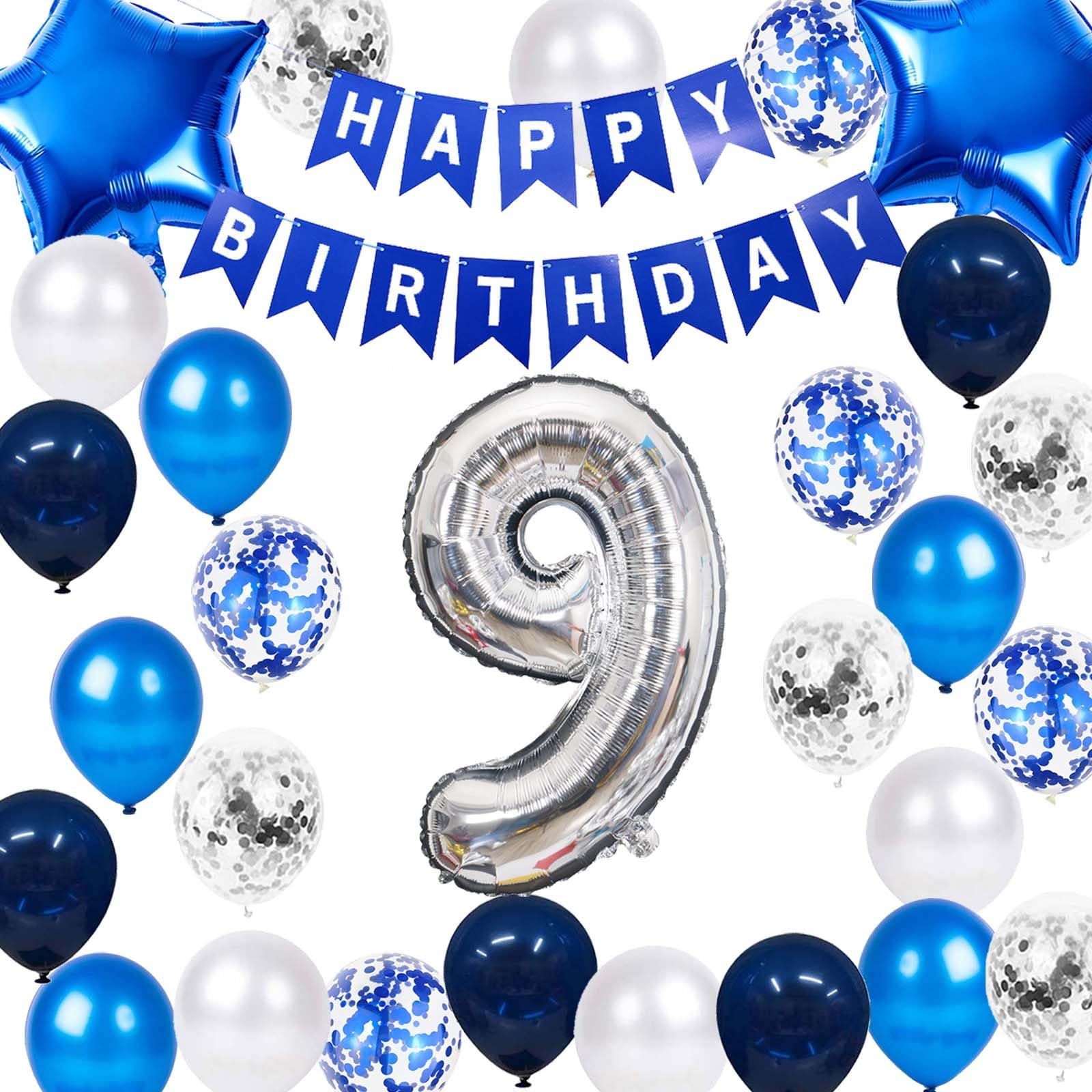 9th Birthday Party FEV6 Supplies Blue, Happy Birthday Banner Number 9 ...