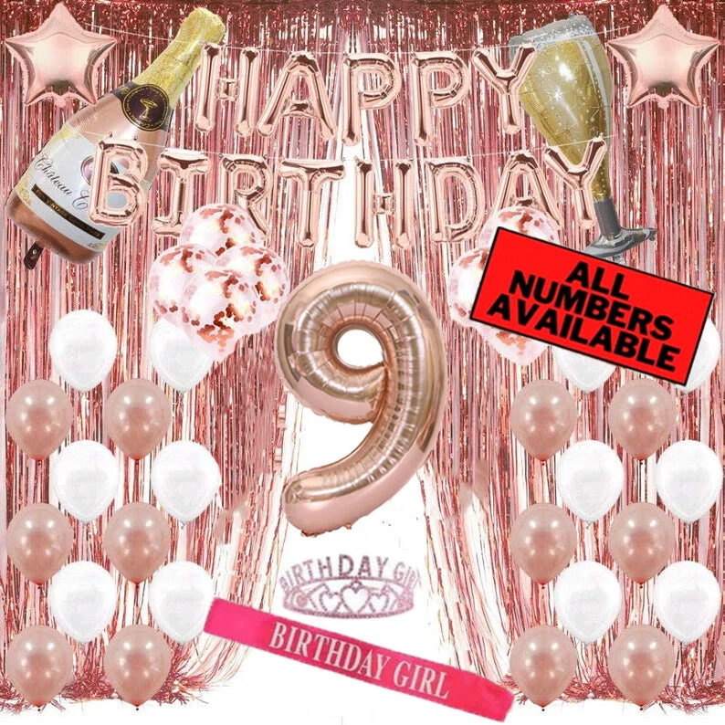 9th Birthday Rose Gold Decorations - 40" Number Balloons, Foil Curtains ...